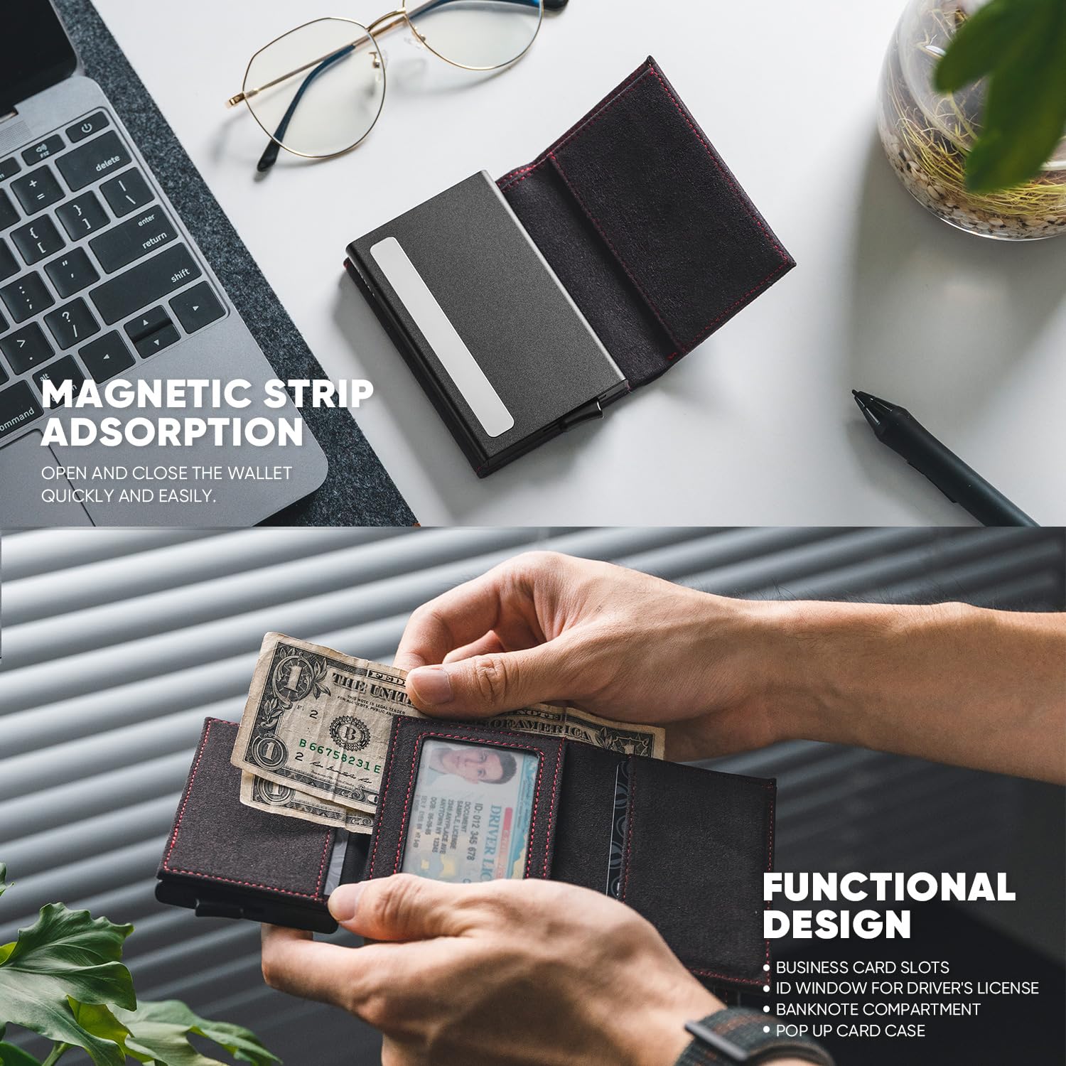 VULKIT Pop up Credit Card Holder Case Alcantara Genuine Leather RFID Blocking Wallet with Banknote Compartment, ID Window and Magnetic Closure for Men (Dark-Grey)