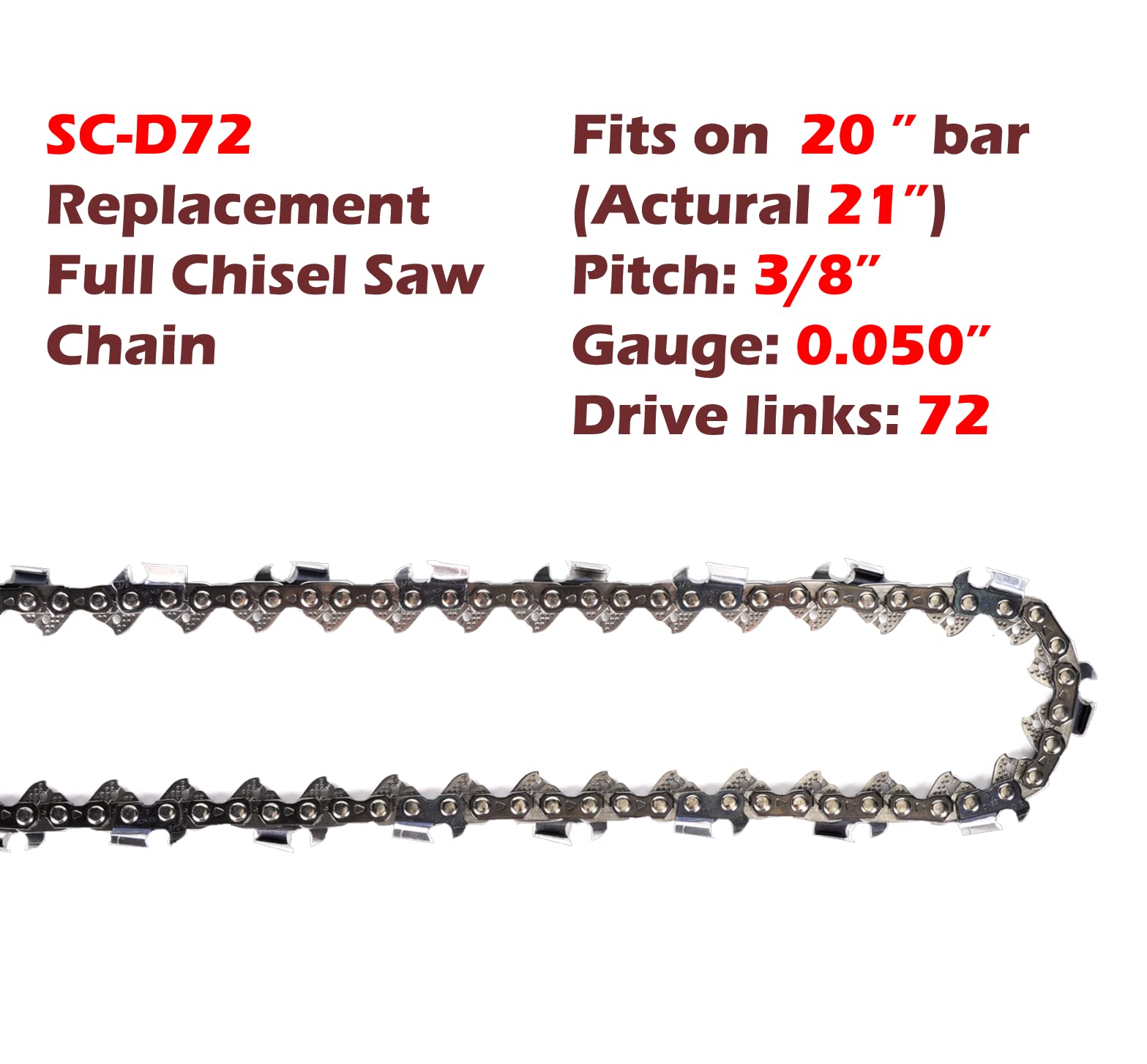 SWFS Reliable (3-PACK) Replacement D72 Full Chisel Saw Chain for 20 Inch Bar, Fits Husqvarna, Poulan, Craftsman, Makita, Stihl and others