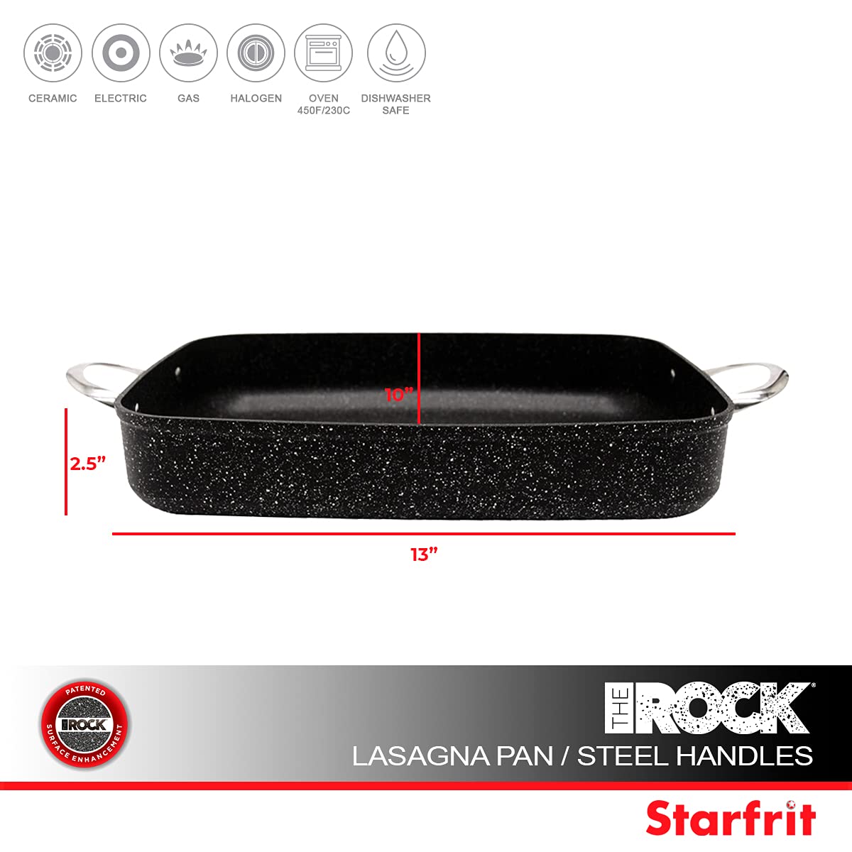 THE ROCK by Starfrit Oven Dish with Stainless Steel Handles, 10" x 13" x 2.5" Oblong, Black