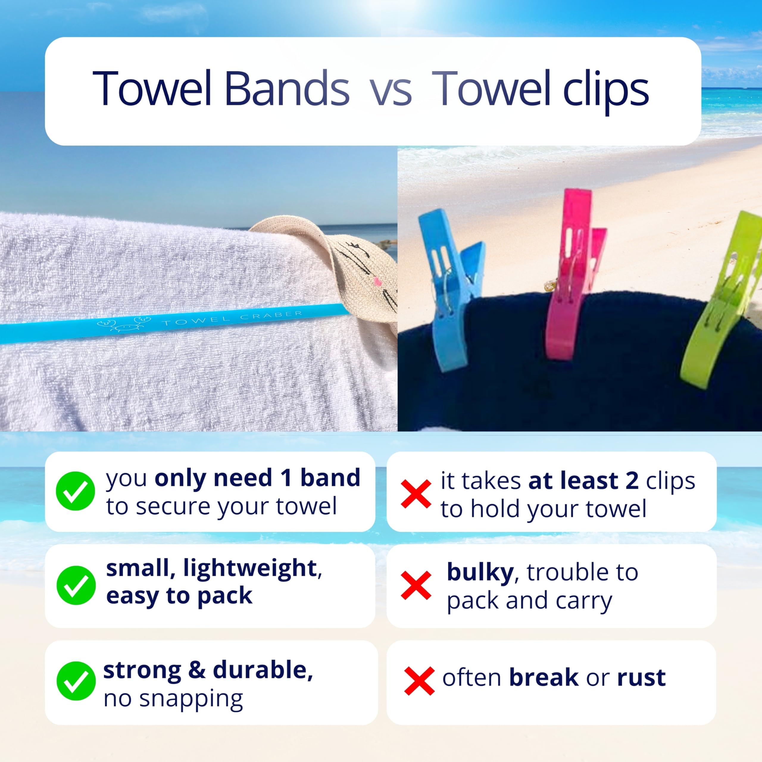 Towel Bands (6-Pack), Beach Pool & Cruise Chairs, Extra Durable, No Snapping, Cruise Ship & Beach Essentials, Great Alternative to Beach Towel Clips (3 Regular + 3 Glow in The Dark)