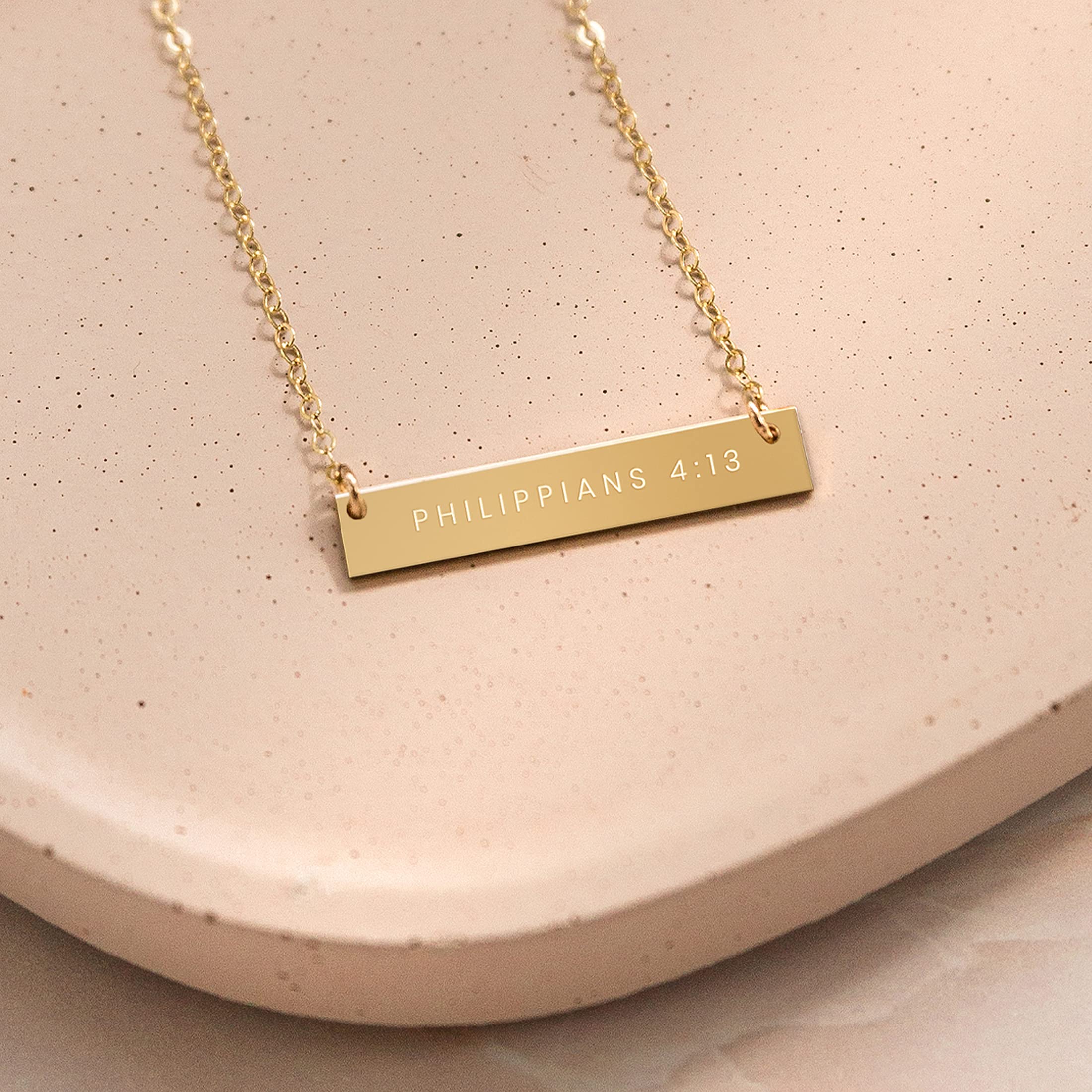 Zen & Zuri Philippians 4:13 Gold Bar Christian Scripture Necklace, Bible Verse, Religious Pendant