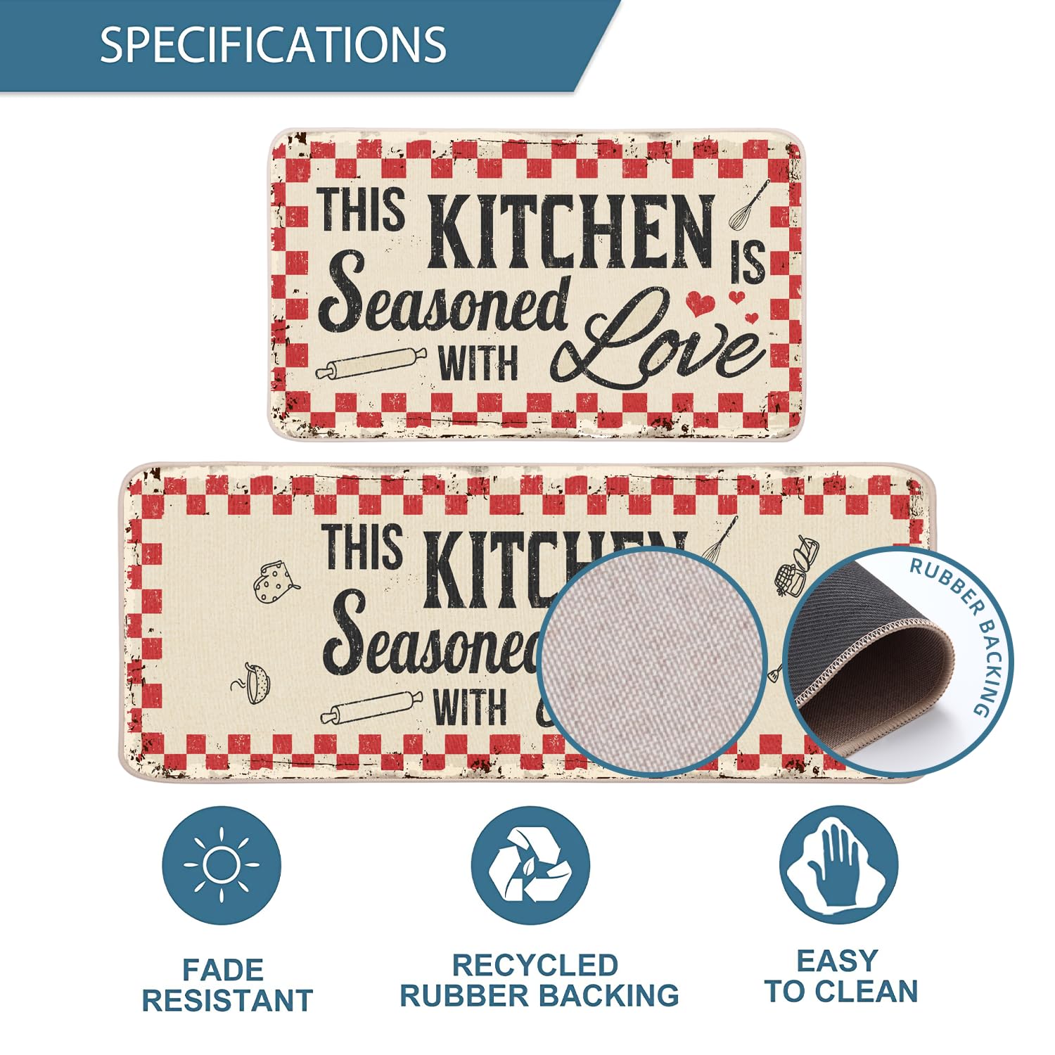 YOUWOUS The Kitchen is Seasoned with Love Kitchen Mats Set of 2-17x29 and 17x47 Inch, Decorative Non Slip Backing Floor Mat for Home Kitchen Red