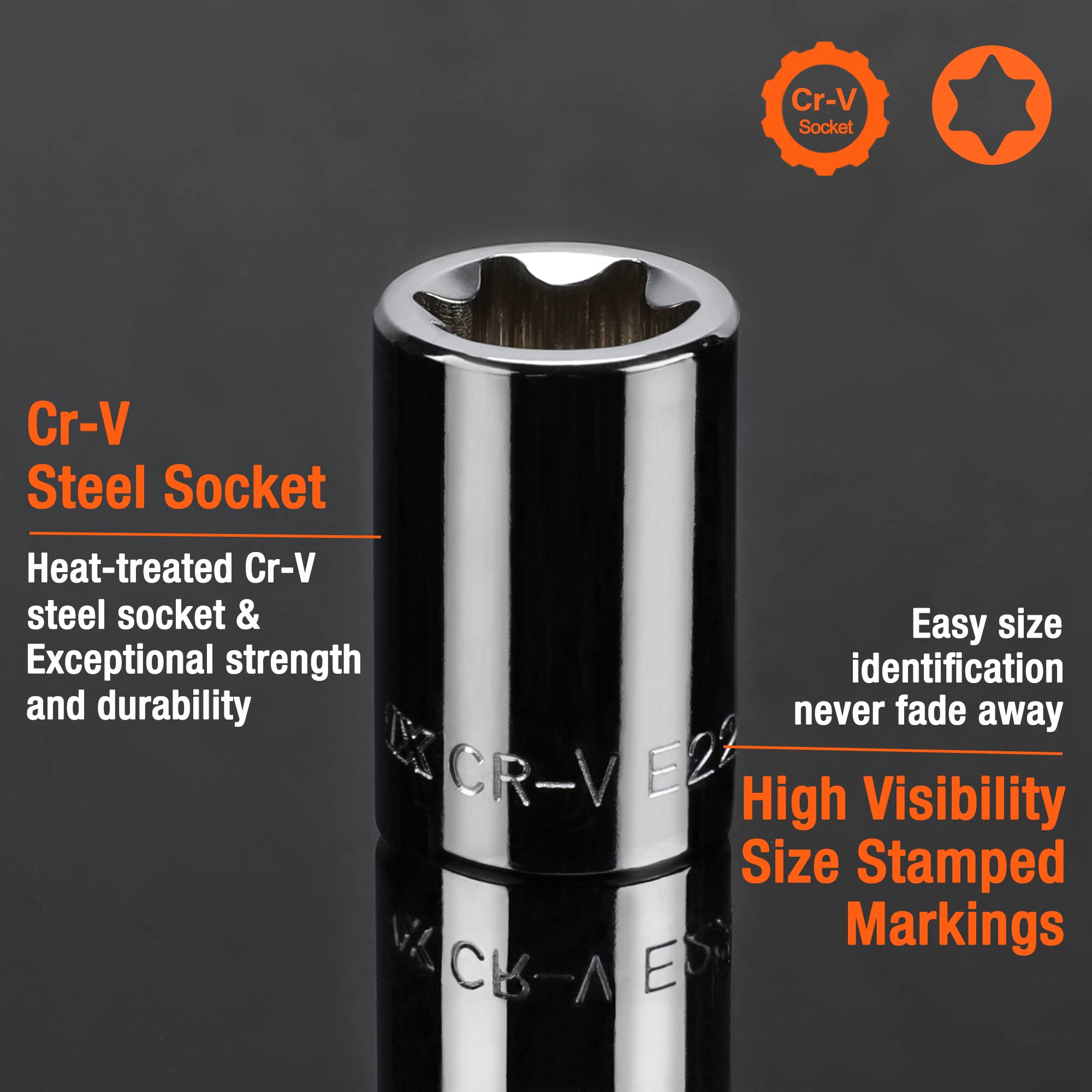 ValueMax 14-Piece Female E-Torx Star Socket Set, 1/4", 3/8" and 1/2" Drive, Female External Star Socket Set with Rail, E4-E24 Torque Socket Set, Cr-V Steel