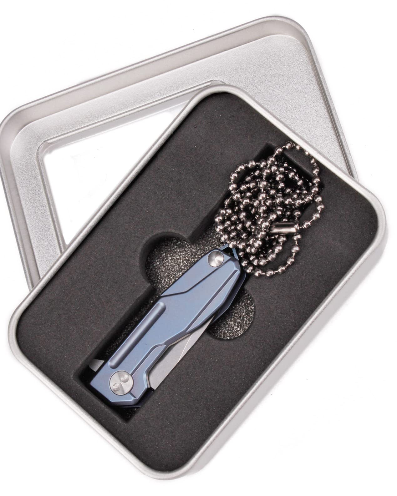 Samior HY002 Ultra Small Little Folding Pocket Flipper Knife, 1.3β D2 Damascus Blade, Blue Titanium Handle with Frame Lock, Mini EDC Keychain Necklace Knives (Blue)
