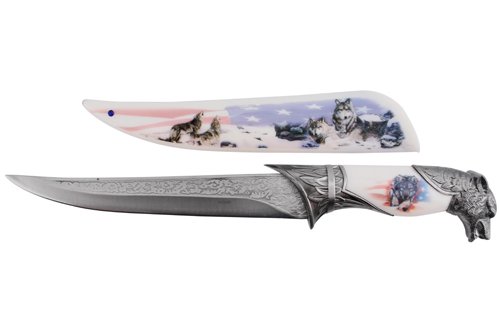 The All American Howling Wolf In White Camping Bowie Hunting Hunter Knife Chrome