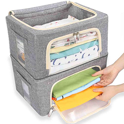 WUPYE Storage Bins, Foldable Storage Box with Metal Frame, Stackable Closet Organizer with Sturdy Fabric, 2 Doors 2 Windows and 2 Zippers Wardrobe Storage Containers