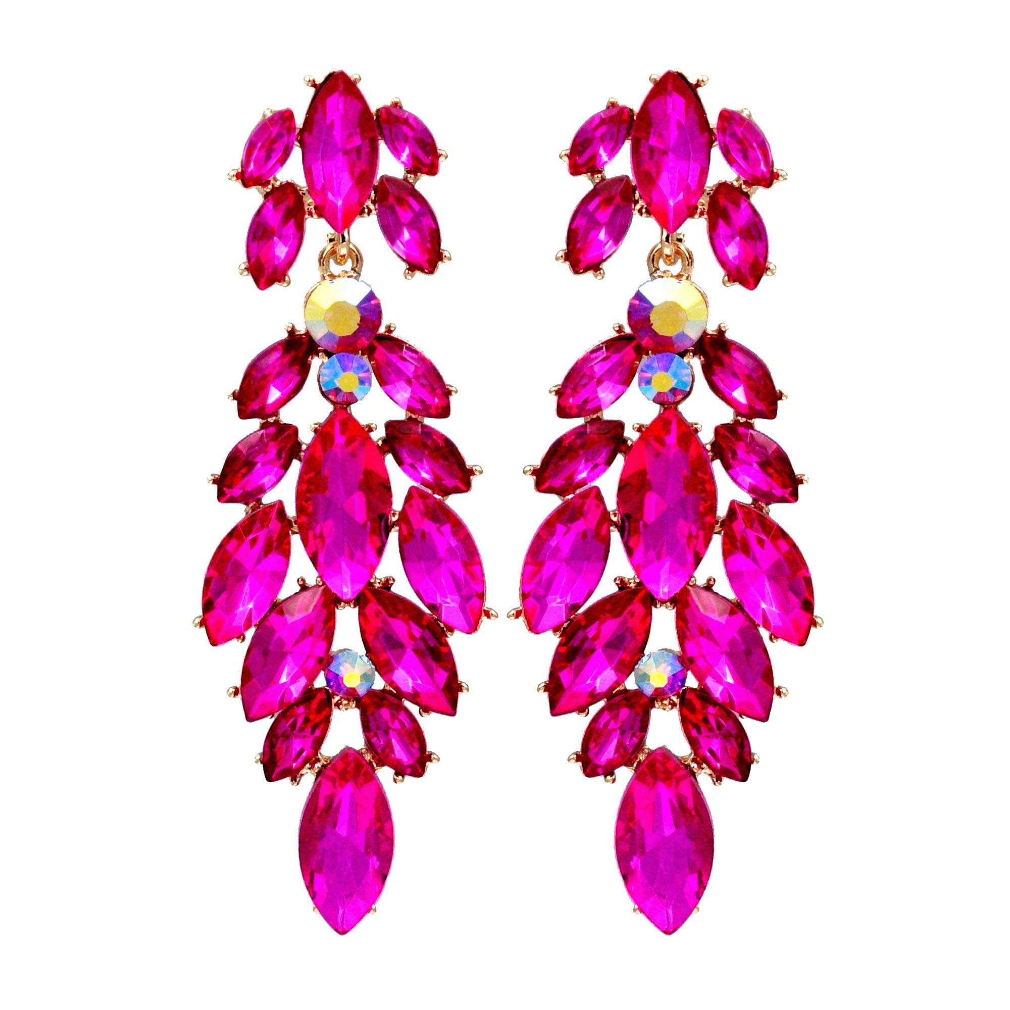 Womens Crystal Rhinestone Dangle Earrings Fuchsia Hot Pink for Proms Wedding Party