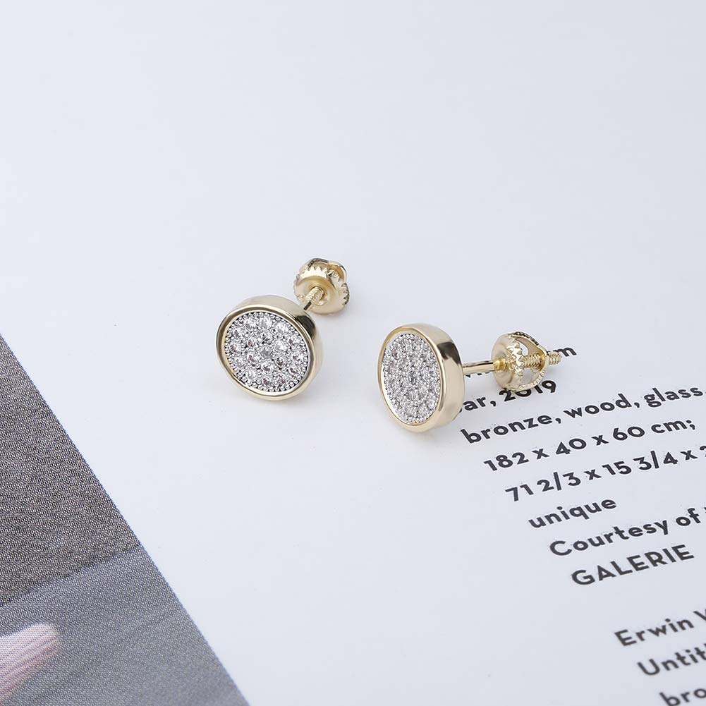 TOPGRILLZ Gold Srew On Diamond Stud Earrings 5A+ Cubic Zirconia 14K Gold Cluster Round Screw Back Earrings Hypoallergenic For Men Women Aretes De Hombre-Thin Round Silver