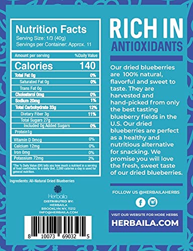 Whole Dried Blueberries, No Sugar Added, Bulk, Dehydrated, Dried Unsweetened Blueberries, All Natural, Non-GMO, 1 Pound. - 16 oz.