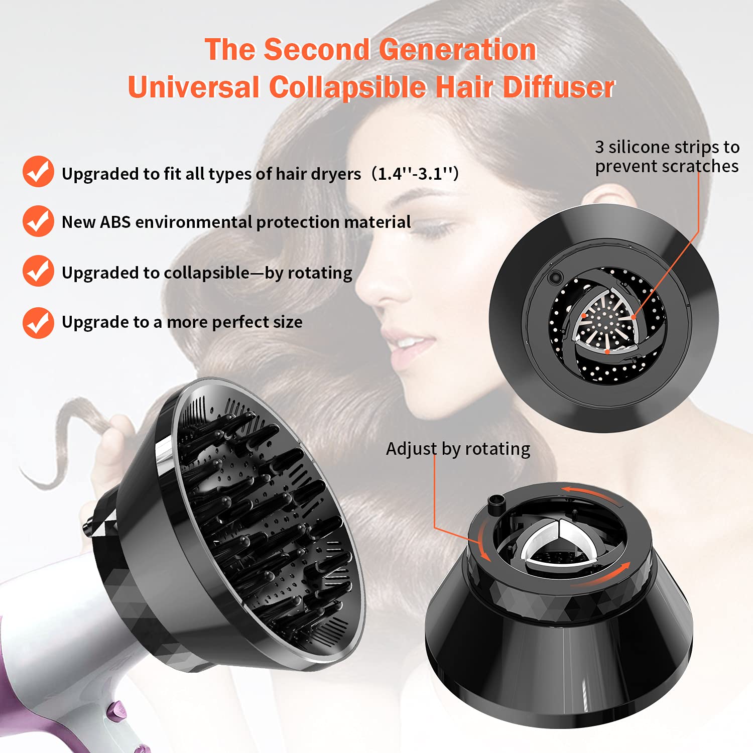 ZOMAO Universal Hair Diffuser,Hair Dryer Diffuser for Curly Wave Hair, Diffuser Attachment for Hair Dryer,Diffuser Hair Dryer Attachment,Blow Dryer Diffuser Adjustable from 1.4 Inch to 3.1 Inch