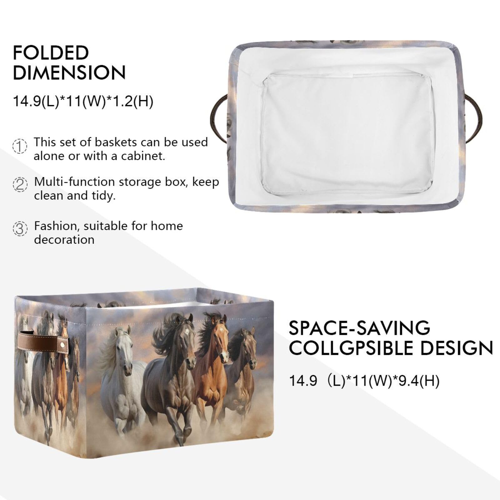 STAYTOP Large Storage Basket Collapsible Toy Storage Bins Waterproof Laundry Basket with Handle.Used for Home Closets, Offices, Bedrooms, Kids Toy and Gift Baskets-Running Horses(Rectangular)1PCS