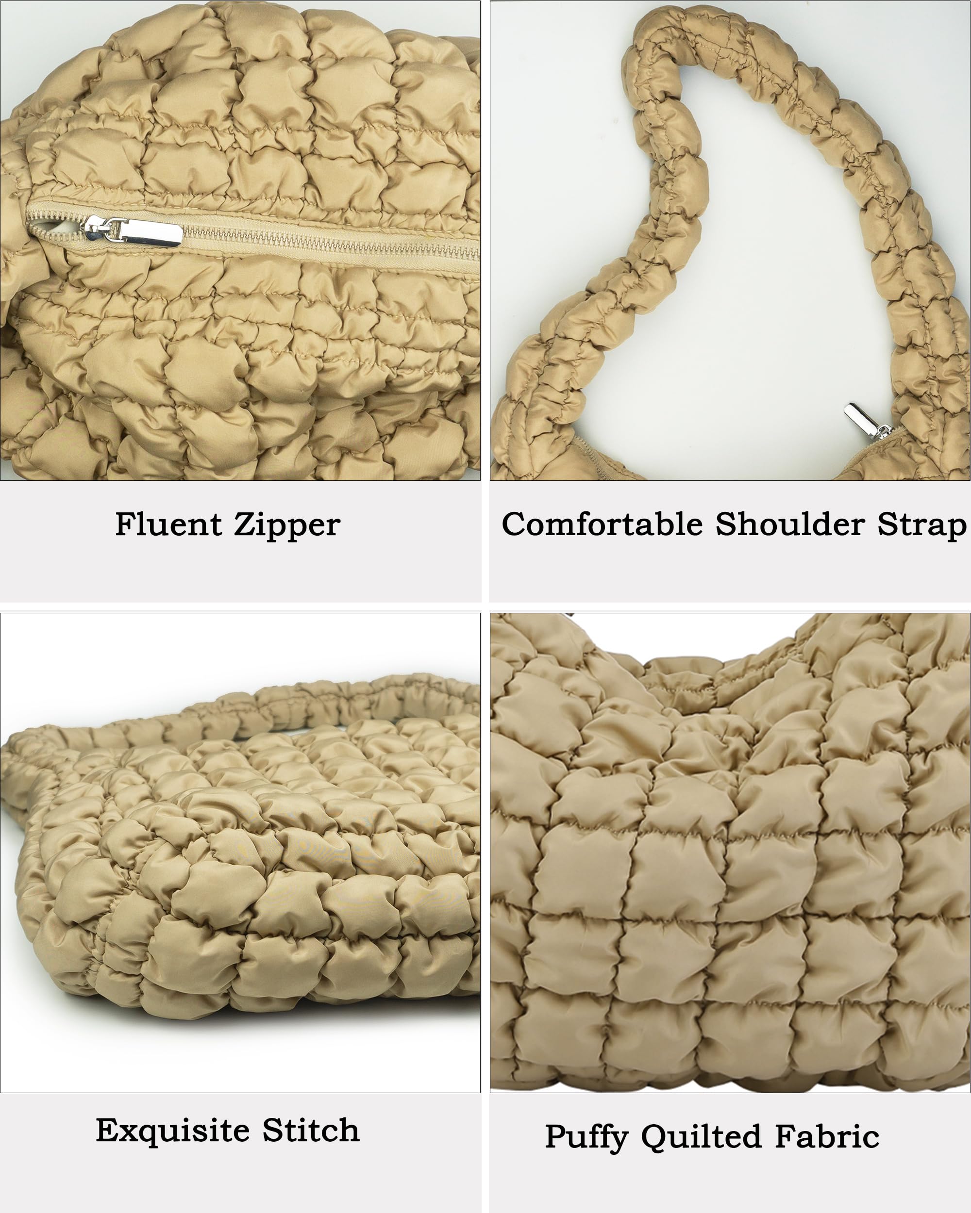 Rejolly Puffer Quilted Shoulder Bag for Women Puffy Bubble Tote Bag Lightweight Nylon Handbag Padded Soft Purse Khaki