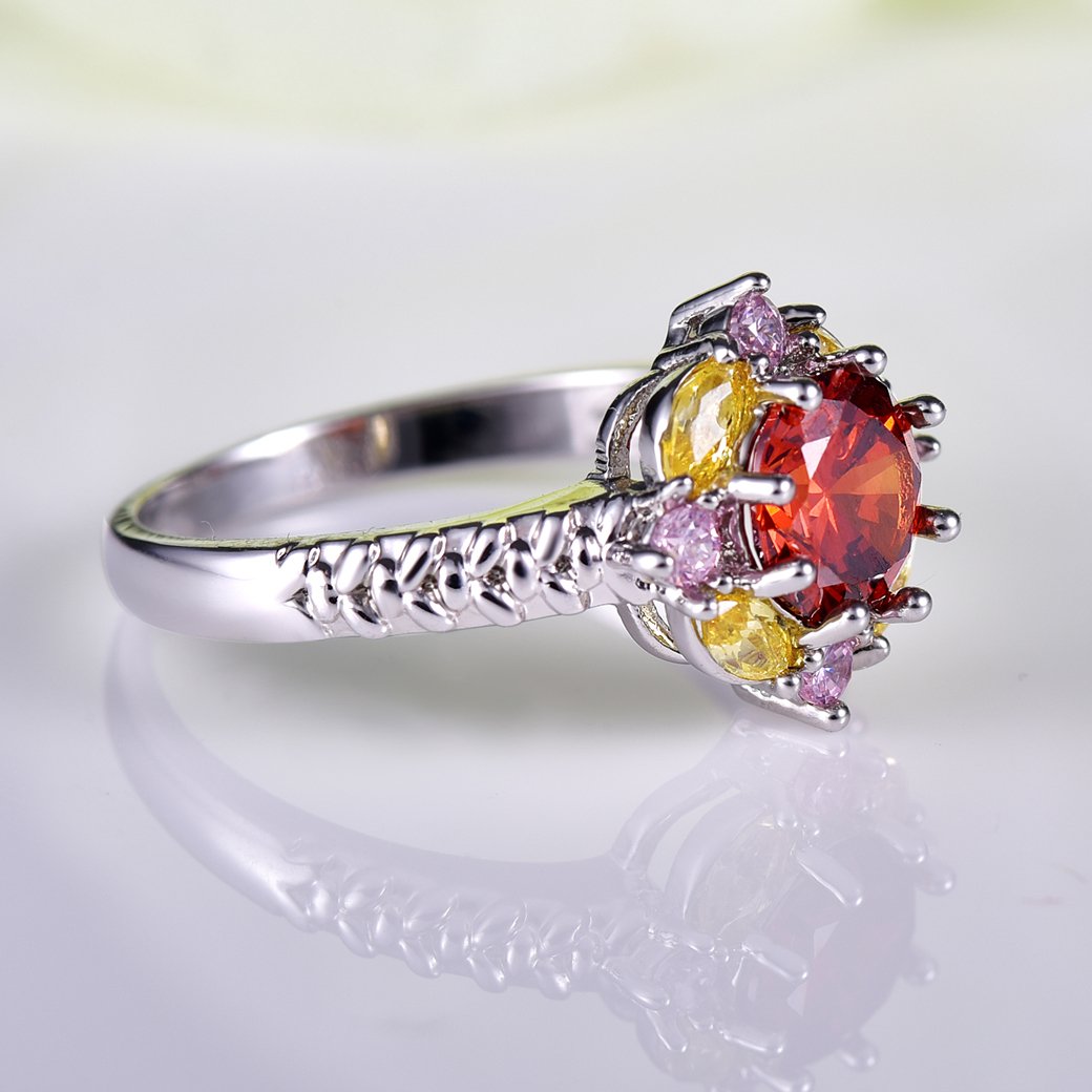 Veunora Beautiful Flower Design Silver Plated Created-Garnet Cubic Zirconia Filled Ring for Women (Z-Red & Yellow & Pink, 8)