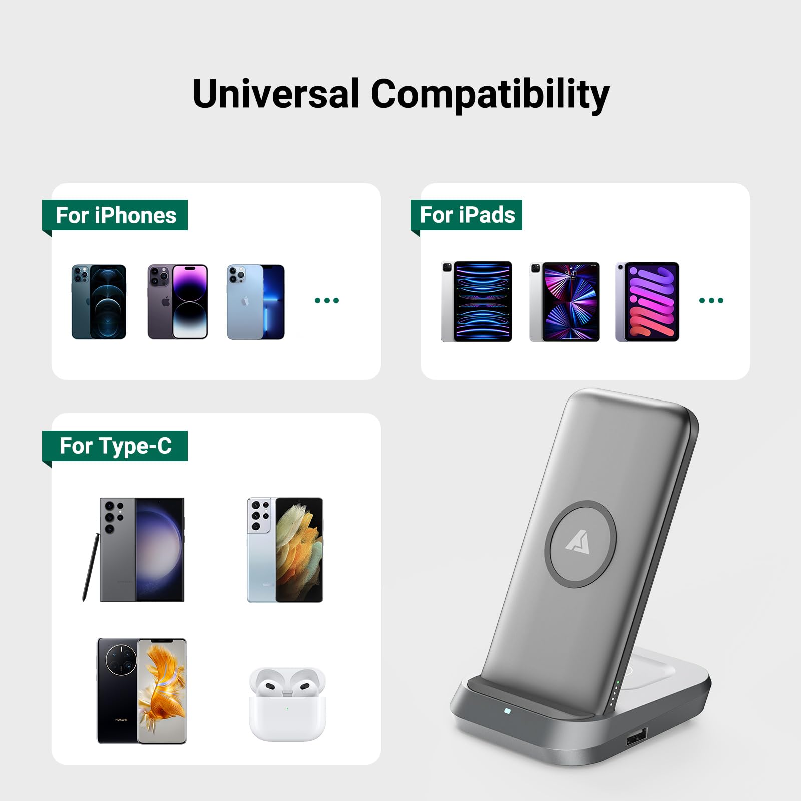 YOLANESS 10000mah mobile Power supply, 10W wireless charging power Bank and charging dock, 3 in 1 Power Bank Stand Dock,1 USB-C input/output (18W), 1 USB-A output, for iPhone and Android