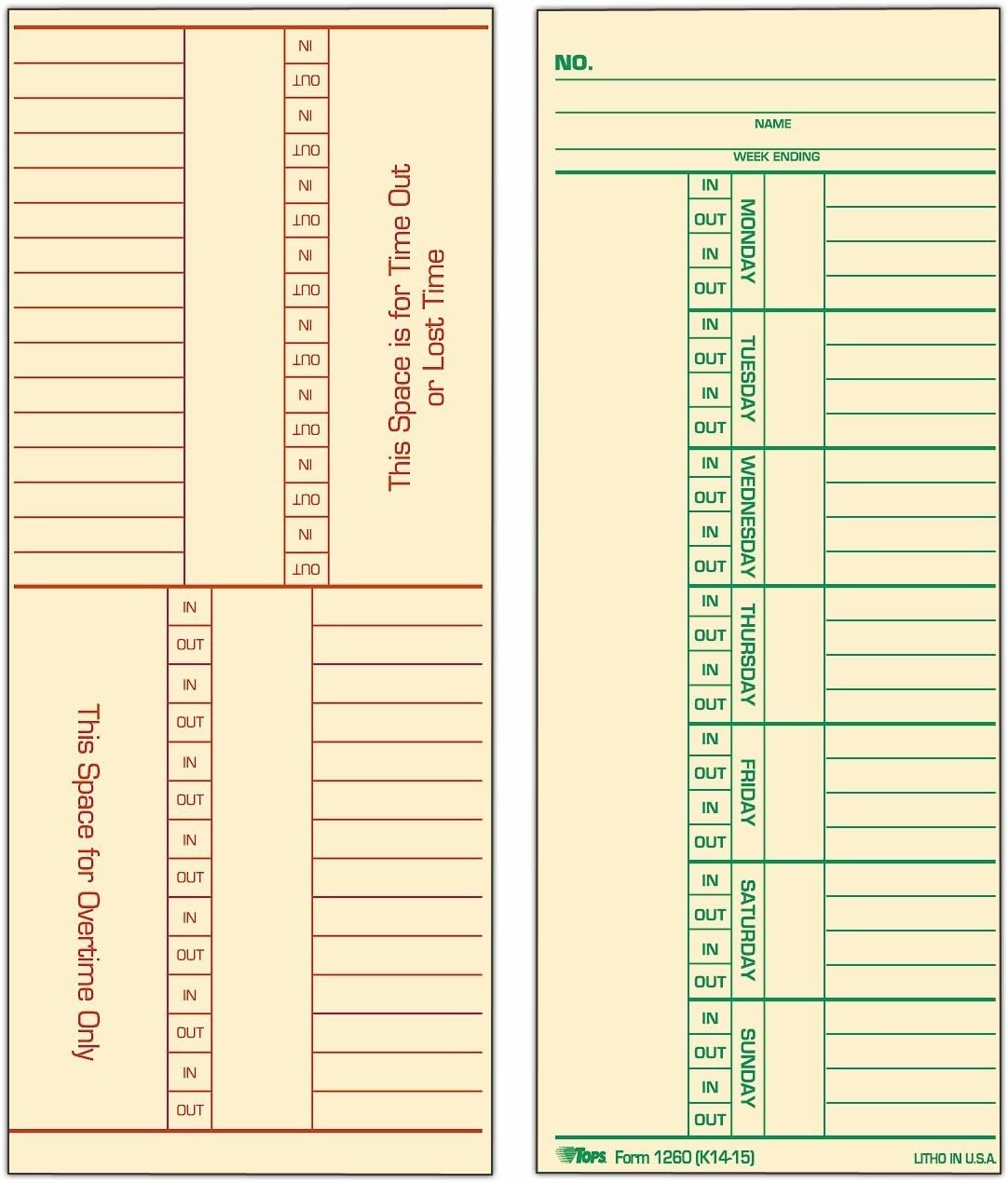 TOPS Time Cards, Weekly, 2-Sided, Named Days, 3-3/8" x 8-1/4", Manila, Green/Red Print, 500-Count (1260)