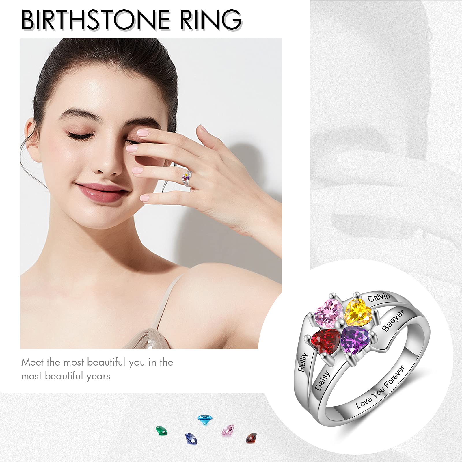 Zomodia Personalized Mothers Ring 4 Simulated Birthstones Ring Engraved 4 Names Anniversary Promise Ring for Her Family Jewelry Gift for Grandma (8)