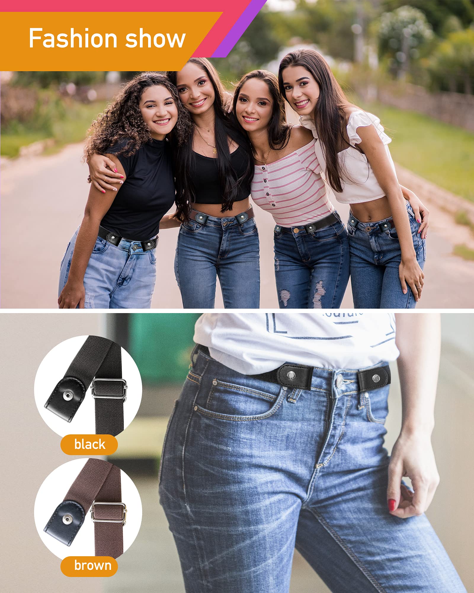 YUNDUOJIA No Buckle Comfortable Elastic Stretch Belts for Womens, Black Elastic Waist Adjustable Invisible Belts for Jeans Pants(2 Sets)