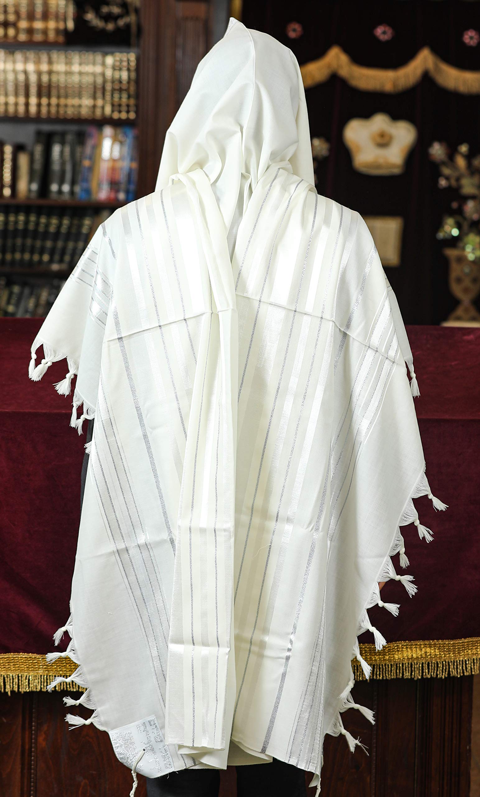 TALITANIA Traditional pure wool Tallit prayer shawl tallis gadol (Size 70 (L) 80 X 60 inches, White and silver Stripes)