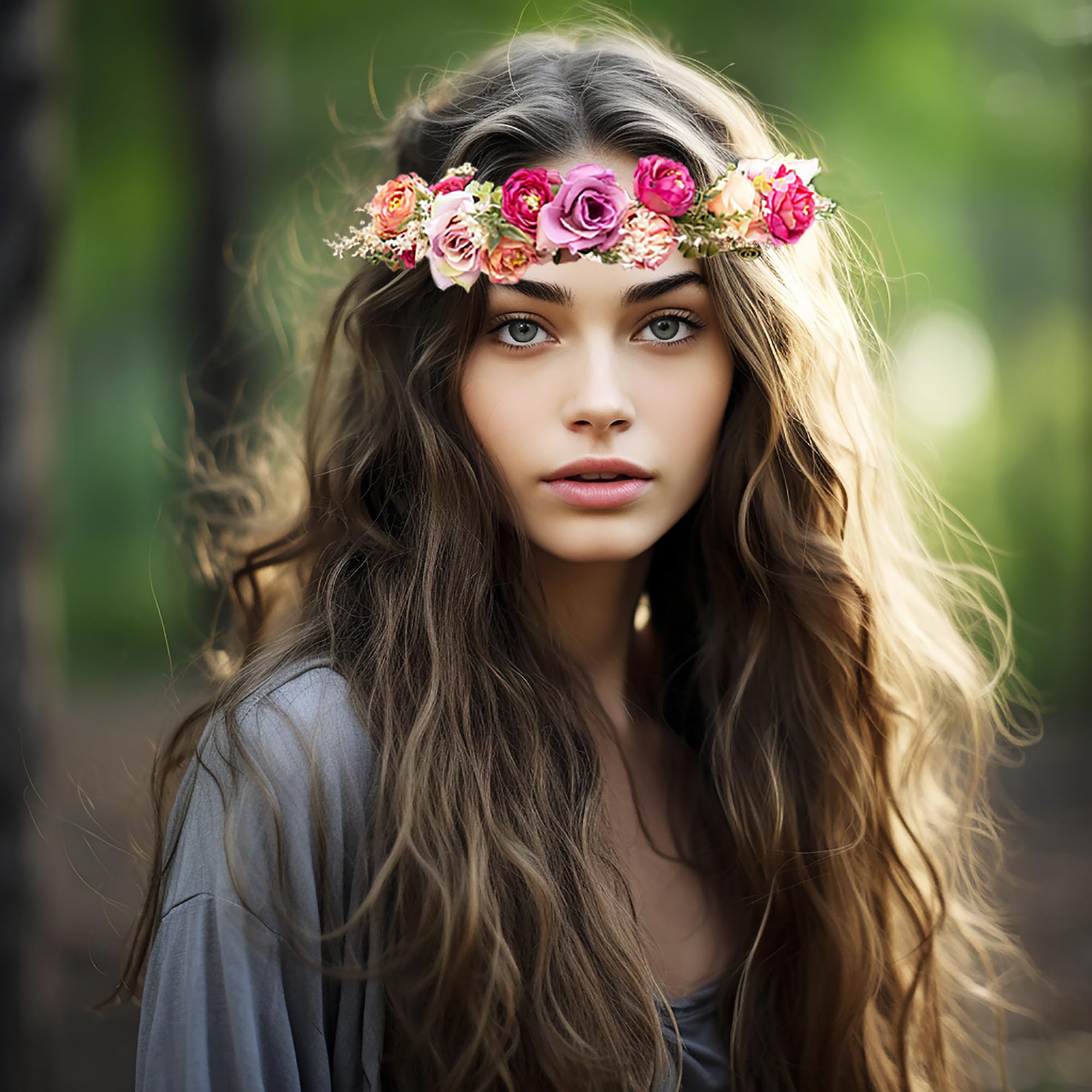 Vivivalue Rose Flower Crown Adjustable Flower Headband Hair Wreath Floral Headpiece Halo Boho with Ribbon Party Wedding