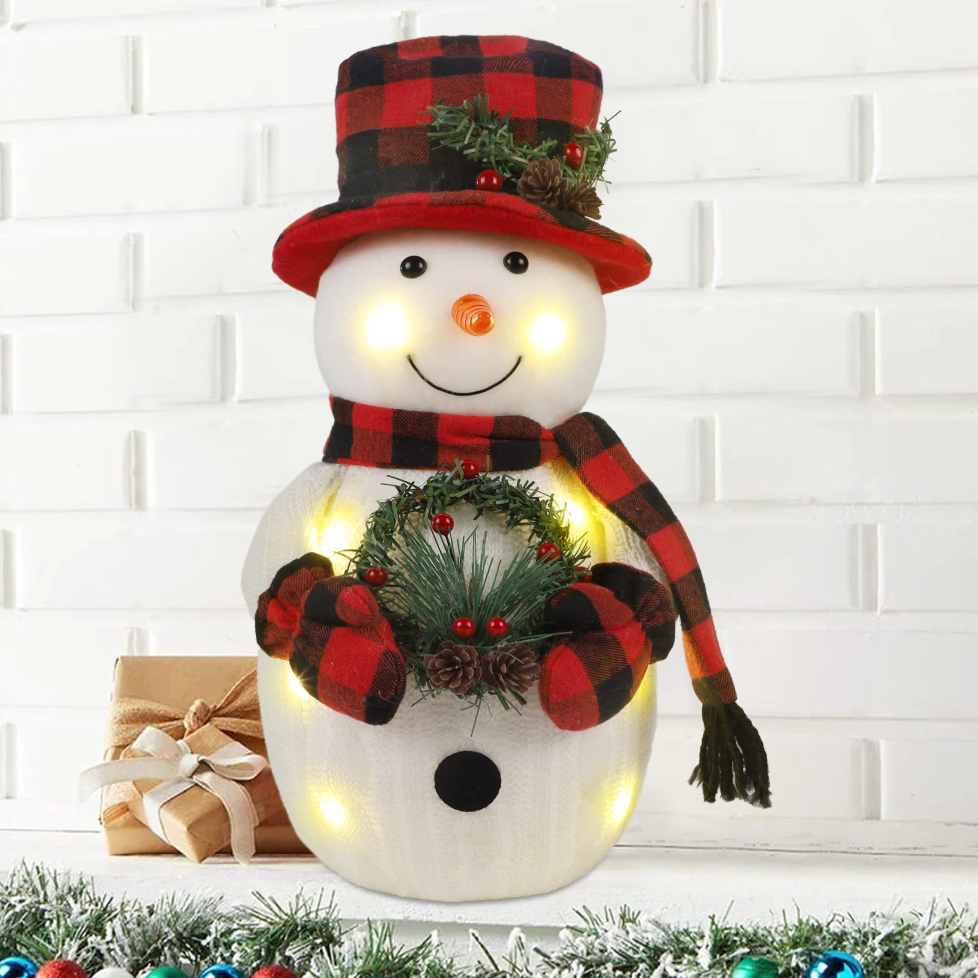 Sancodee Christmas Lighted Snowman, 12" Snowman with Wreath Christmas Table Decorations, Red Black Plaid Snowman Xmas Decor for Home Kitchen Holiday Party