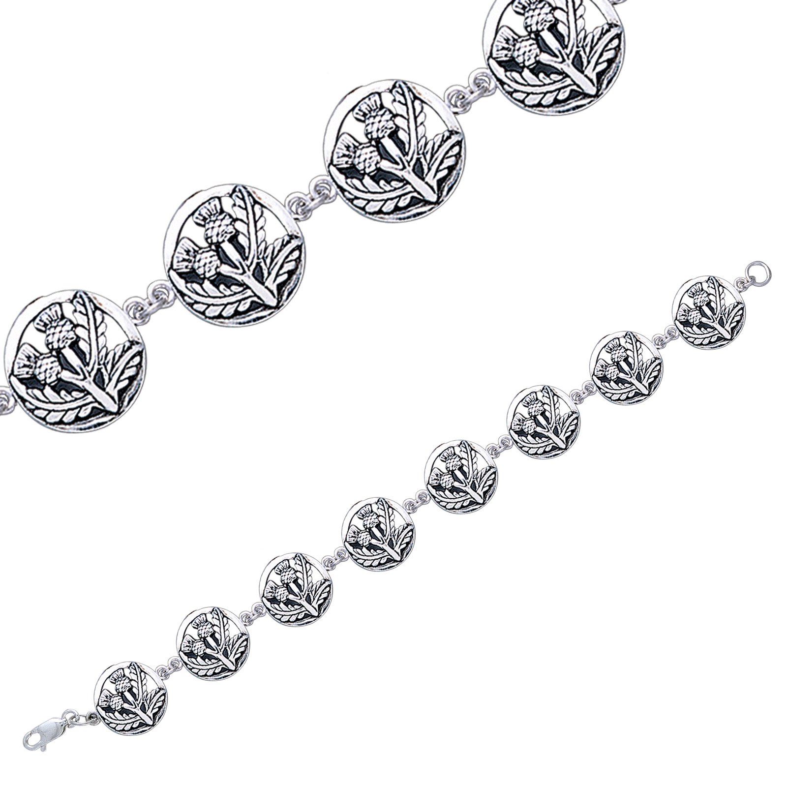 Sterling Silver 7.5" Scottish Flower Thistle Link Bracelet
