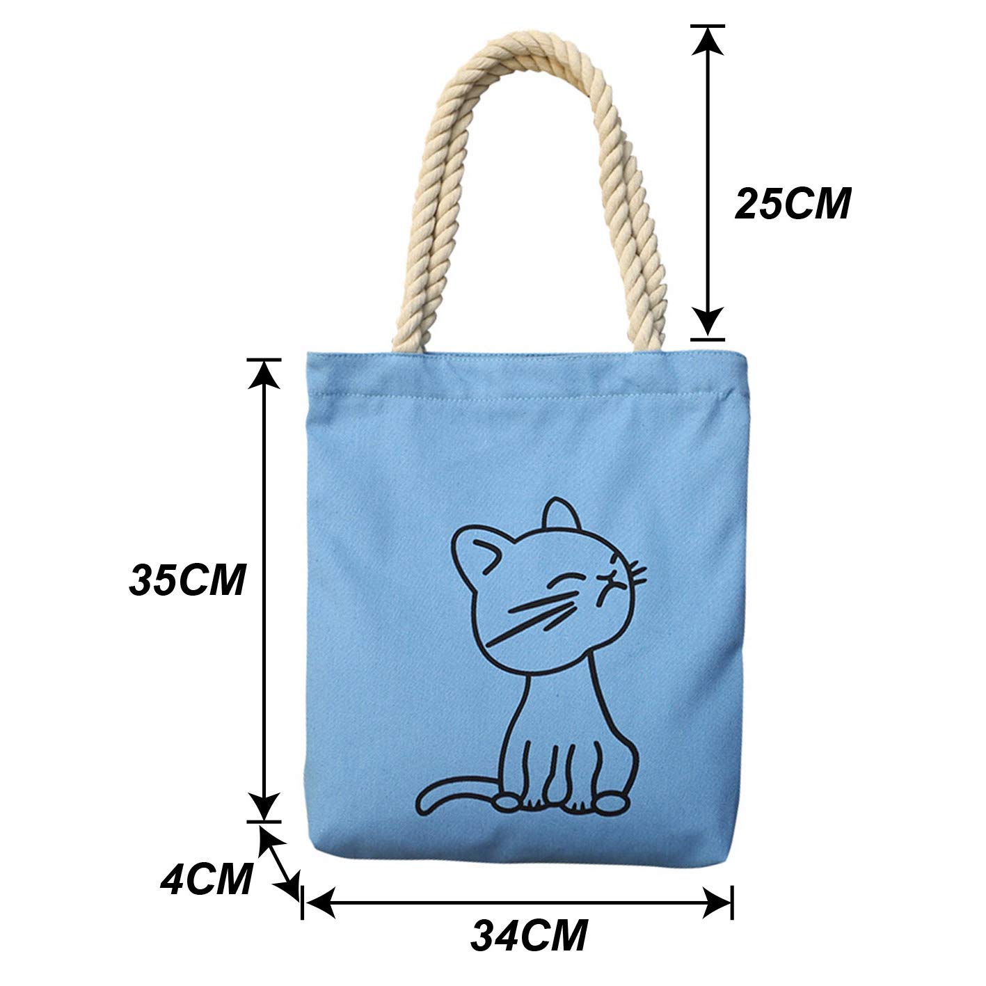 Zipper Canvas Tote Bag with Inner Pocket, Portable and Ecofriendly, Cat-blue, 14.6" x 13.6" x 2?