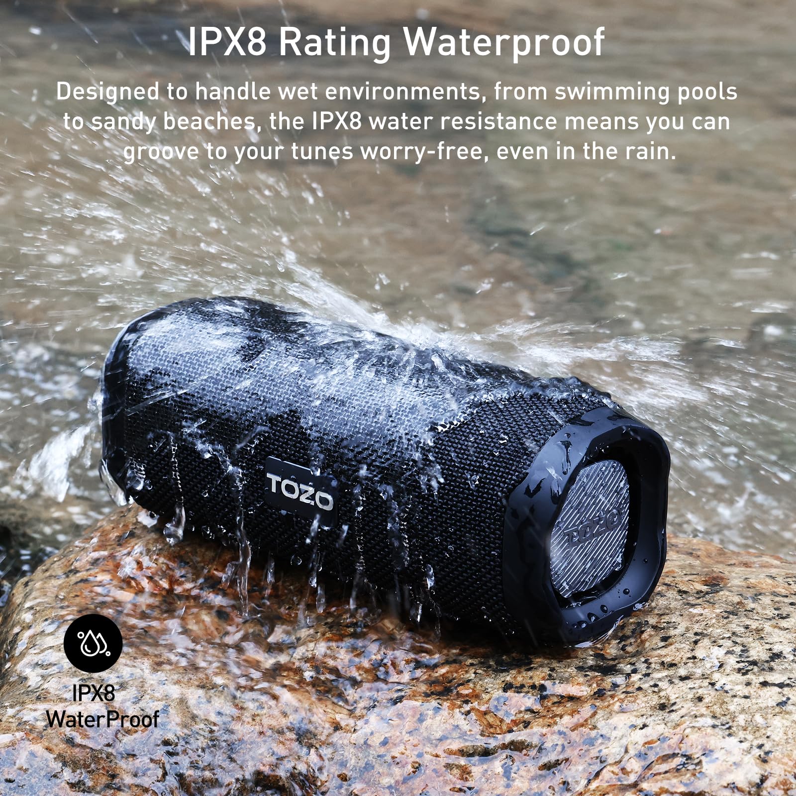 TOZO PA2 Bluetooth Speaker with Dual Drivers & Dual Bass Diaphragms, Deep Bass Loud Stereo Sound, IPX8 Waterproof, 25H Playtime, Custom EQ App Portable Wireless Speaker for Home Outdoors Travel Black
