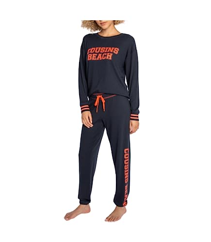 The Summer I Turned Pretty Women's P.J. Salvage Embroidery Print Top & Bottom Pant Matching Sweatshirt Pajama Set, Navy