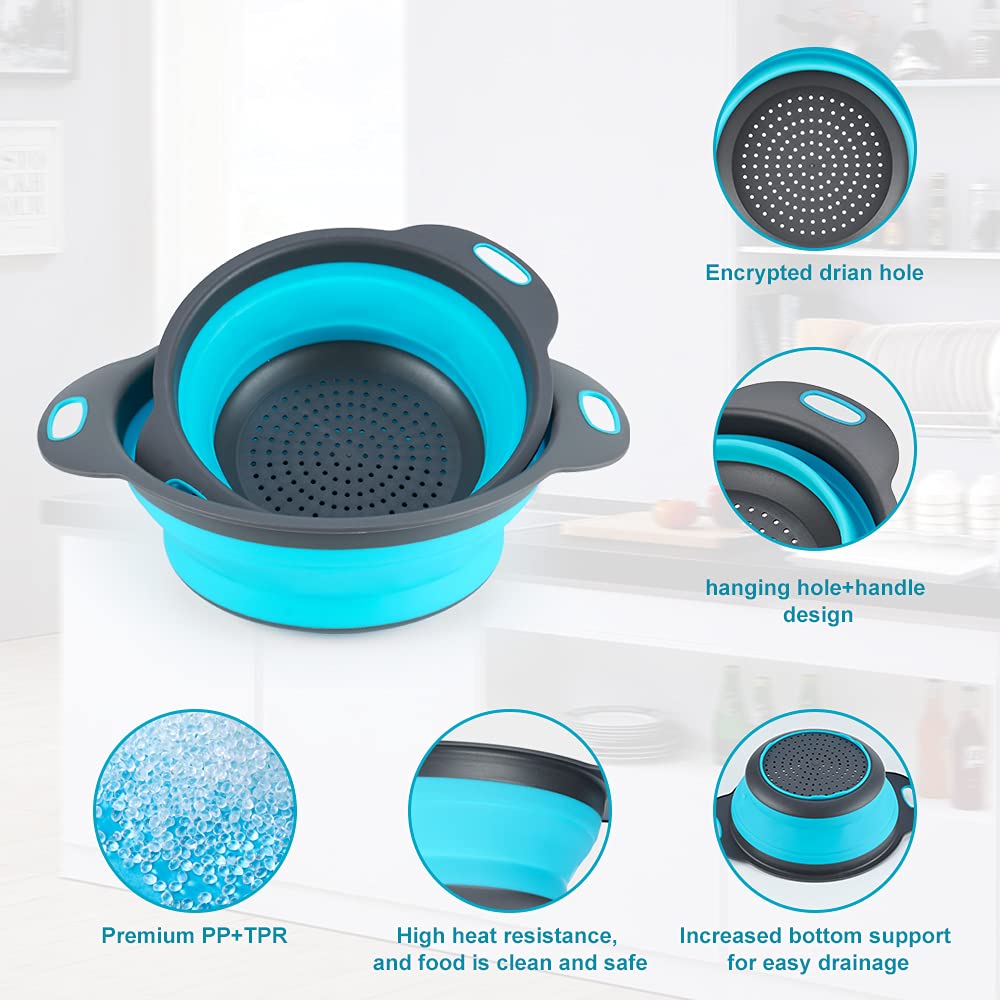 zoopod Collapsible Colander Basket 2 of Set,Vegetables Fruit Washing Basket Drain Tool,Small & Big Size Silicone Telescopic Colander with Handle For Kitchen/Home/Restaurant Round Shape 3 Color(Blue)