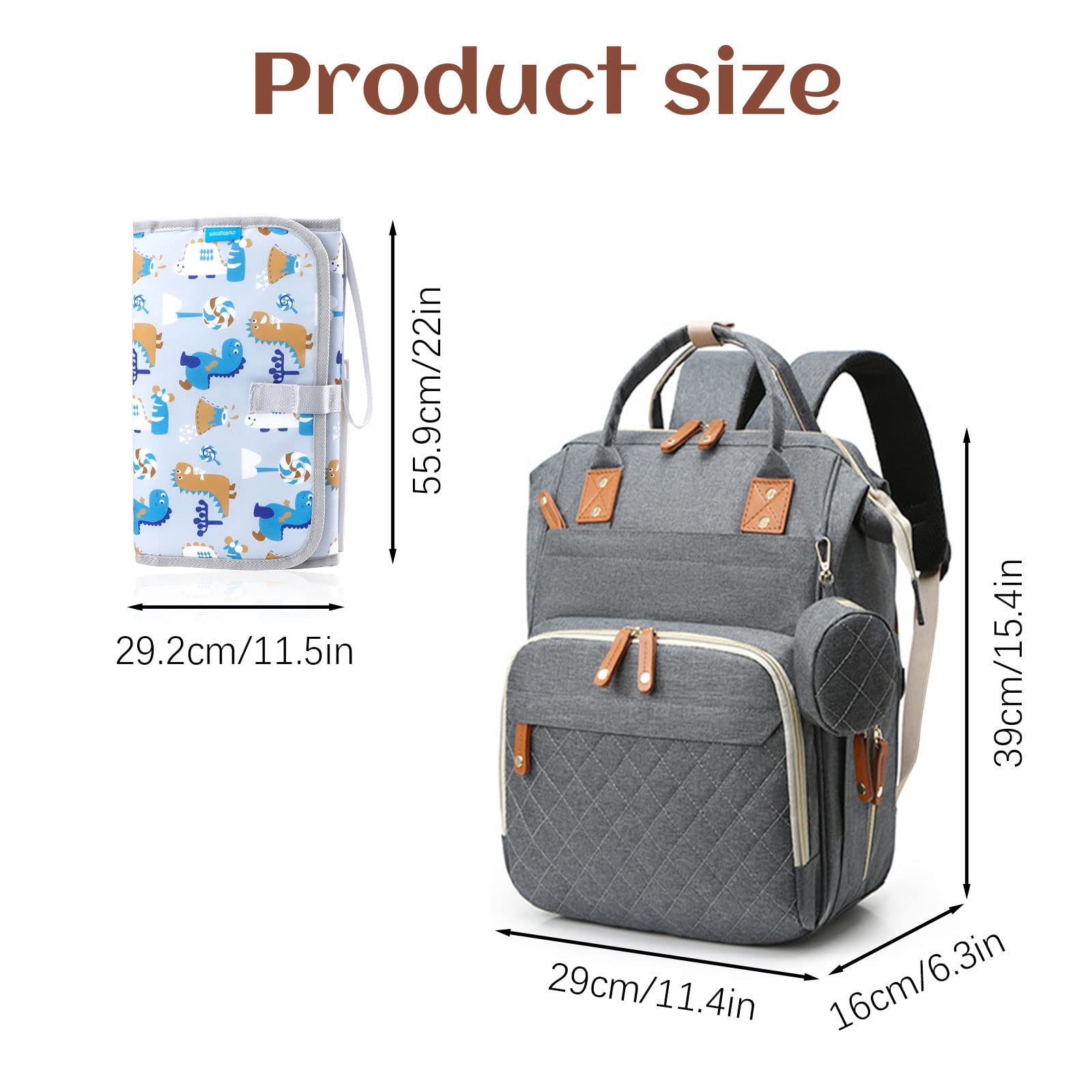 WCHOSOZH Diaper Bag Backpack, Large Diaper Bag with Portable Changing Pad, Travel Baby Bag with Stroller Straps for Mom & Dad (Grey)