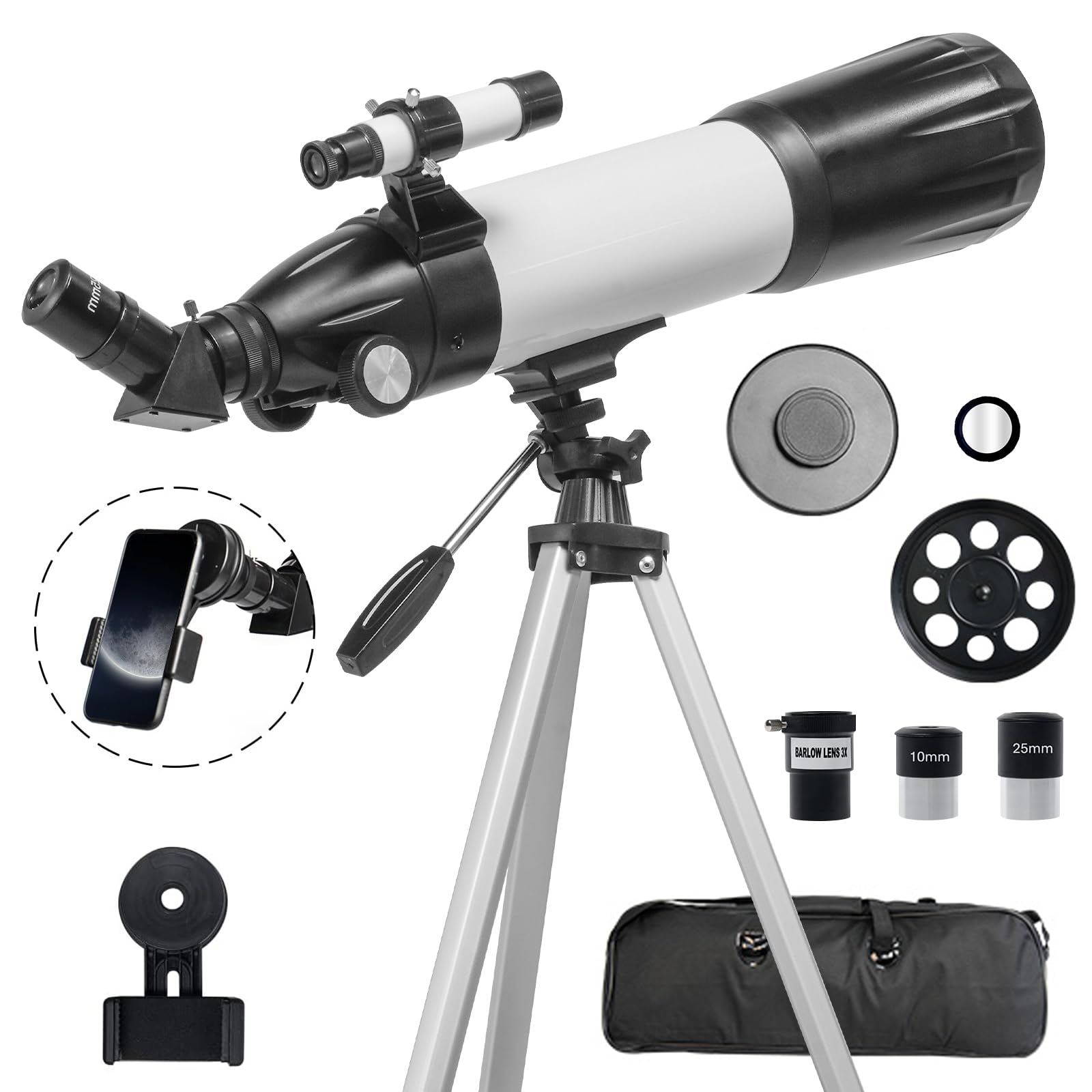 Telescope 80mm Aperture 600mm - Astronomical Portable Refracting Telescope Fully Multi-coated High Transmission Coatings AZ Mount with Tripod, Phone Adapter & Carrying Bag