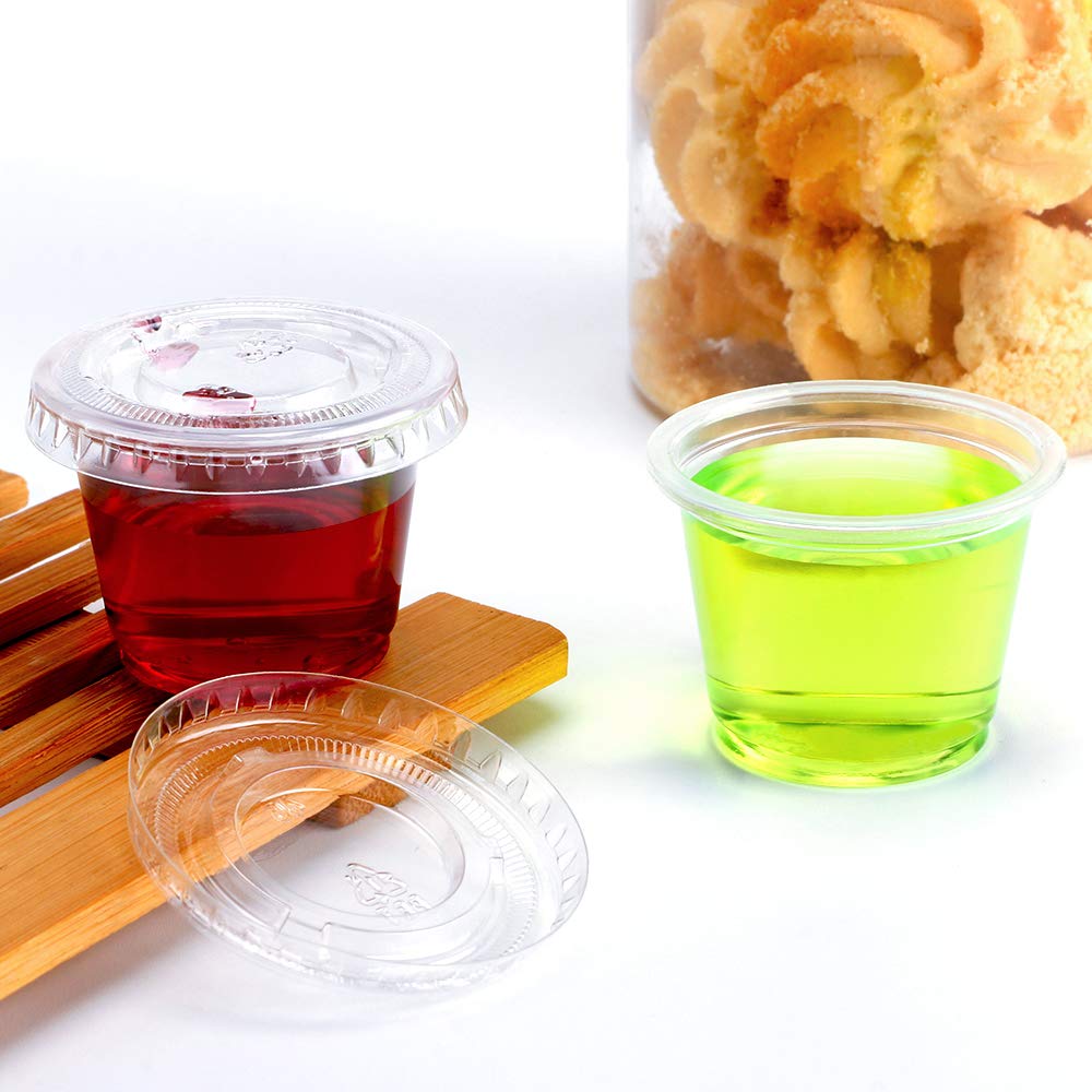 TashiBox 1oz-100 Sets Plastic Disposable Jello Shot Cups with Lids/Souffle Portion/Sauce Salad Dressing/Condiment Cups, 100 pack Clear Plastic Disposable Food Containers with Lids (1 Ounce)โฆ