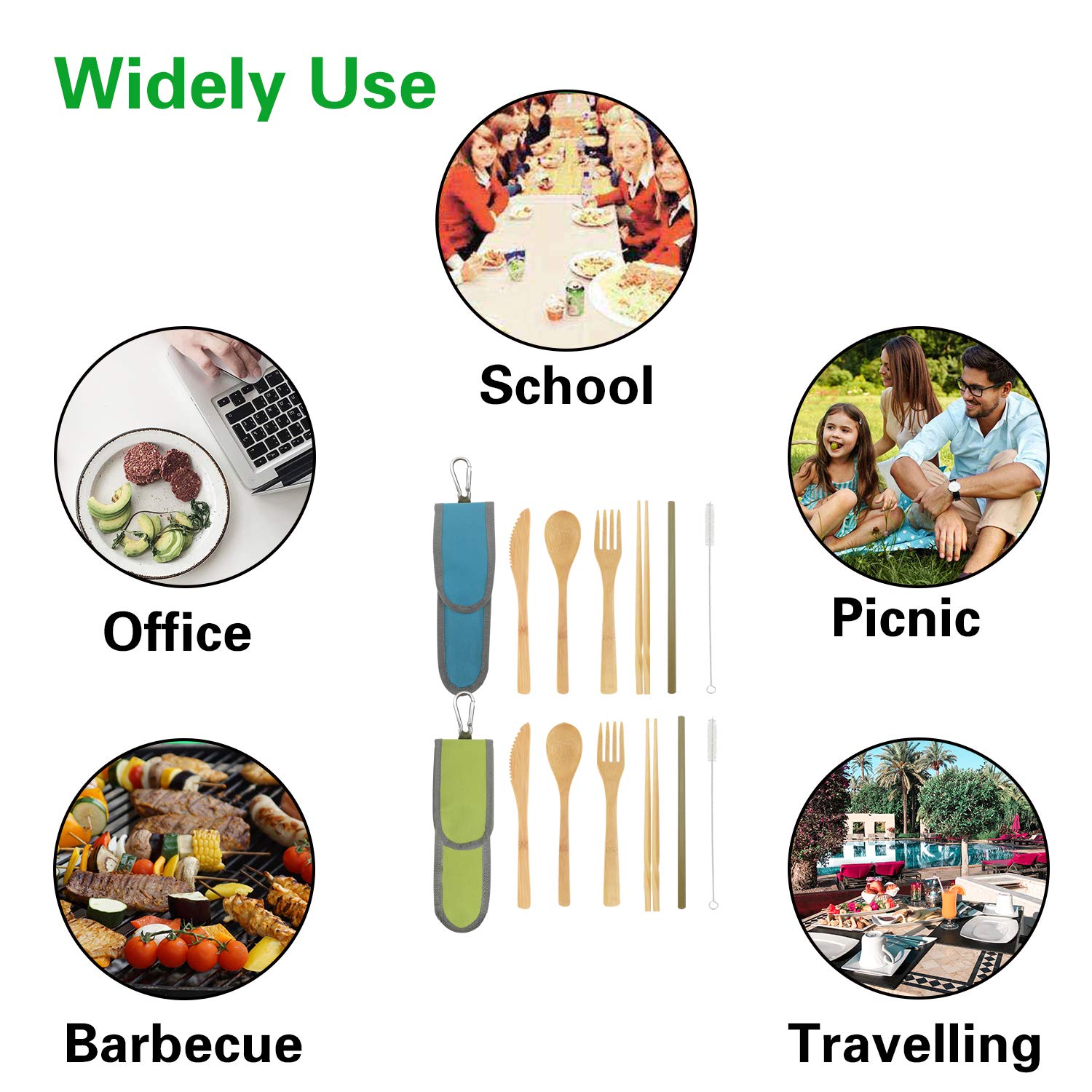 UPTRUST 2 Set Bamboo Cutlery Set Bamboo Travel Utensil Reusable Organic Bamboo Utensil Fork Knife Spoon Chopsticks Straw Cleaning Brush for Travel Picnic School Office(Skyblue& Green)
