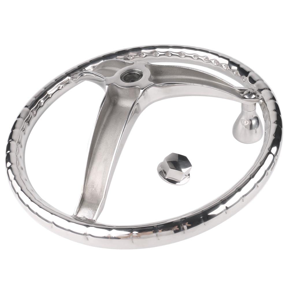Stainless Steel Boat Steering Wheel 3 Spoke 13-1/2" Dia, with 5/8" -18 Nut and Turning Knob for Seastar and Verado
