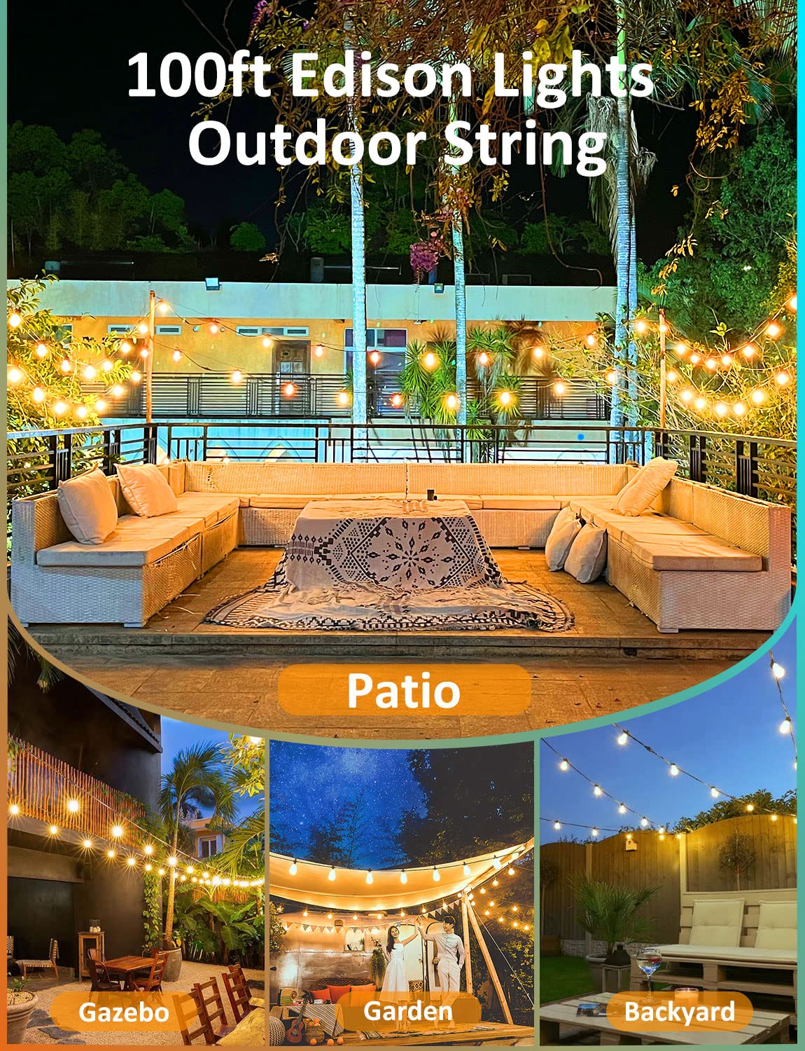 YUNSOVA 100 FT Outdoor String Lights for Outside – Dimmable LED Patio Lights Waterproof with Remote – Hanging Lights Shatterproof G40 Edison Bulbs Cafe Backyard Gazebo Deck Bistro Porch