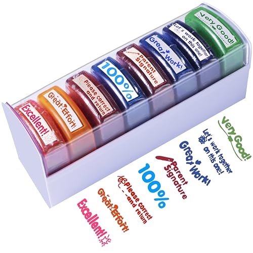 Tickselect Teacher Stamps for Classroom Grading 8PCS â Rectangular Self Inking Stamps Set for Teachers with Different Messages âHomeschool & Teacher Supplies â Comes with Bonus Storage Tray