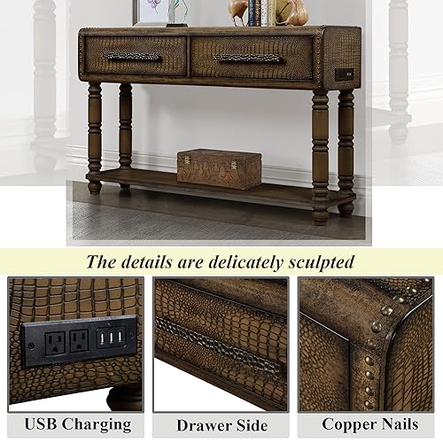 Tidyard Retro Sofa Table, 54 inch Pine Wood Console Table with 2 Power Outlets and 2 USB Ports Sofa and Couch End Table for Entryway, Foyer, Living Room, Bedroom Furniture