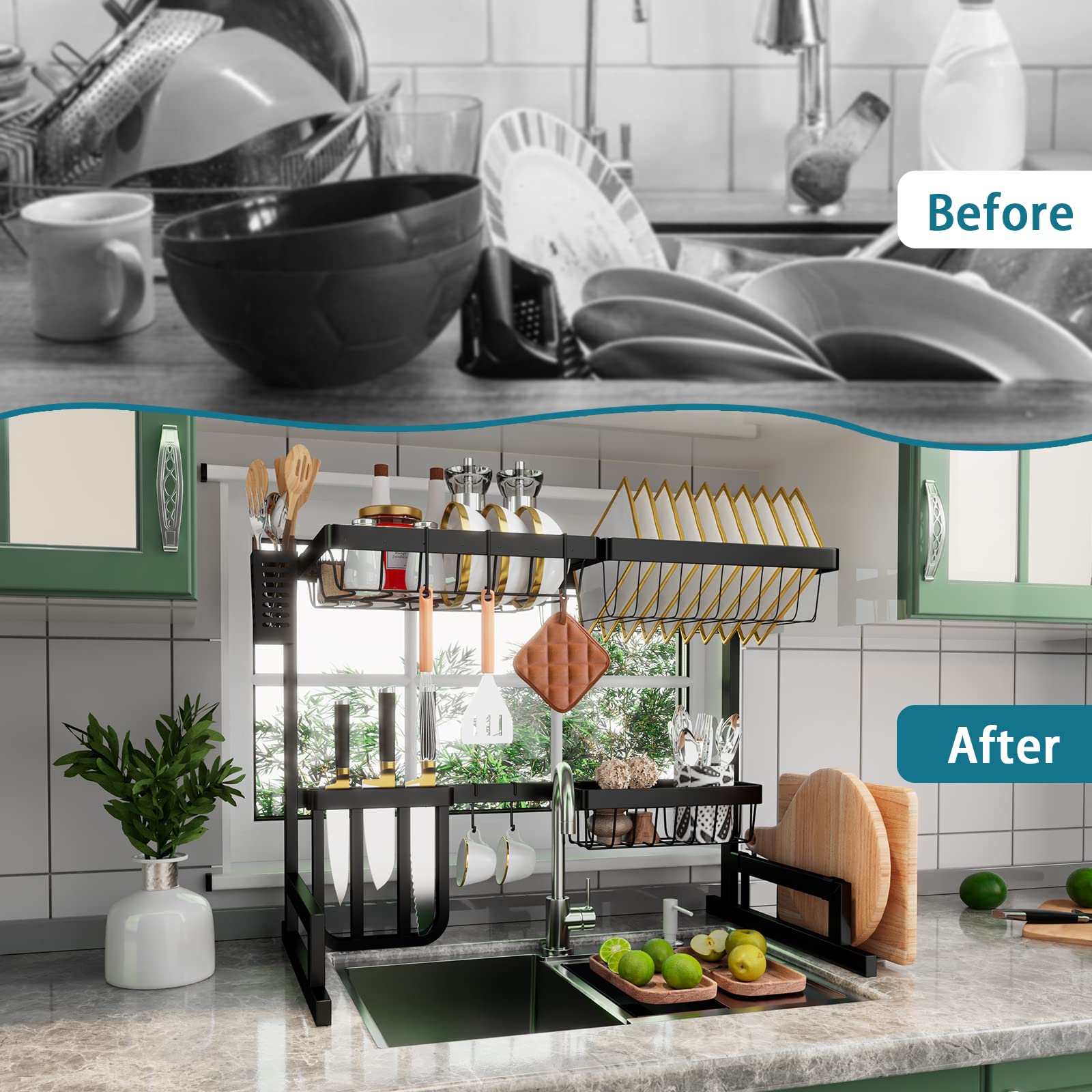 Vipush Over The Sink Dish Drying Rack - Large Dish Drainer for Storage Kitchen Counter Organization, Adjustable Stainless Steel Over Sink Display(25-35inch)