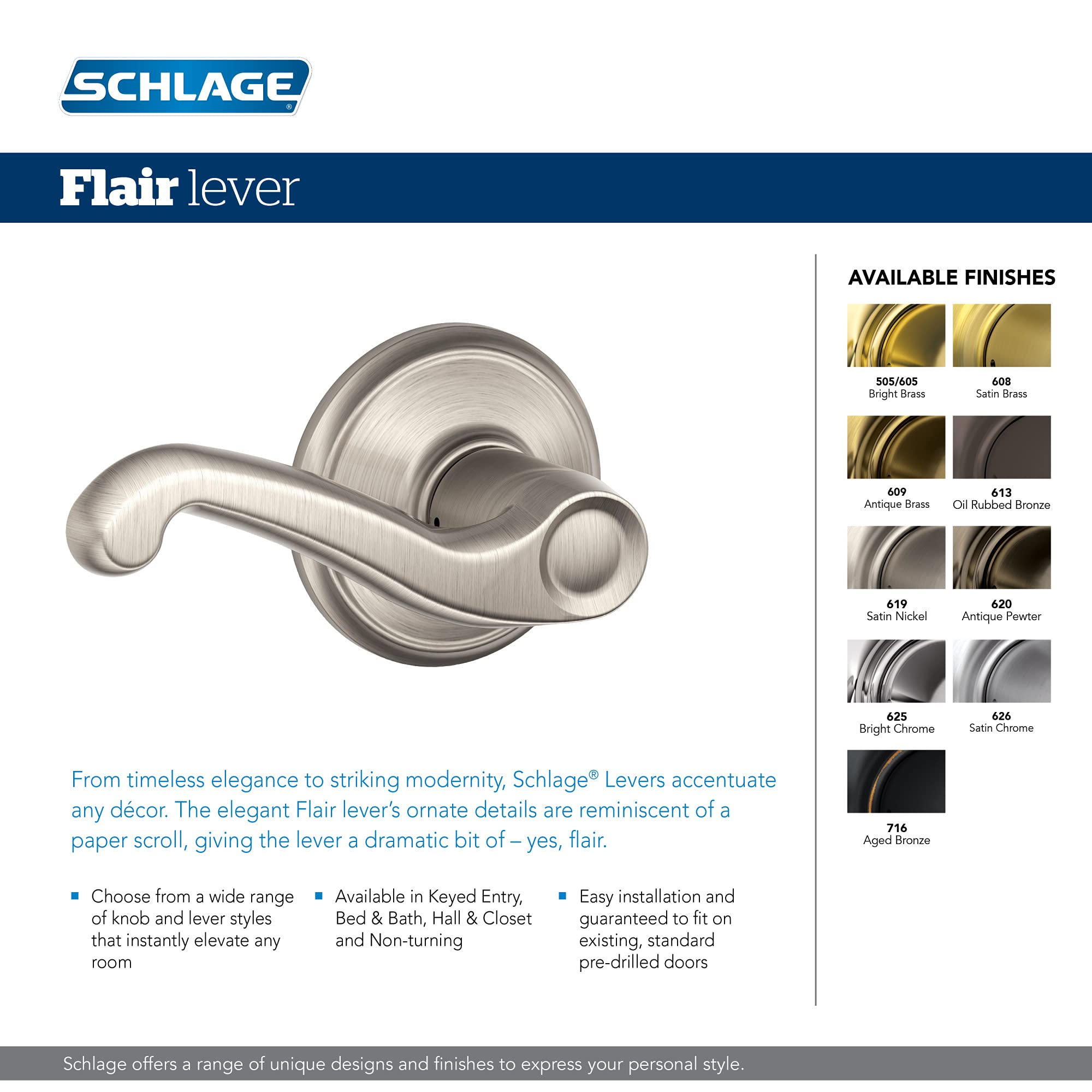 Schlage F10 FLA 605 Flair Door Lever, Hall & Closet Passage Lock, Bright Brass