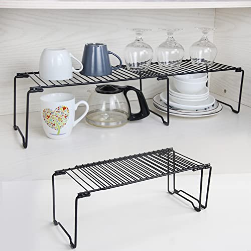 VANLAMNI Expandable Kitchen Counter and Cabinet Storage Shelf, Steel Rack Organizer for Kitchen, Cabinet, Bathroom,Black,2 Pack