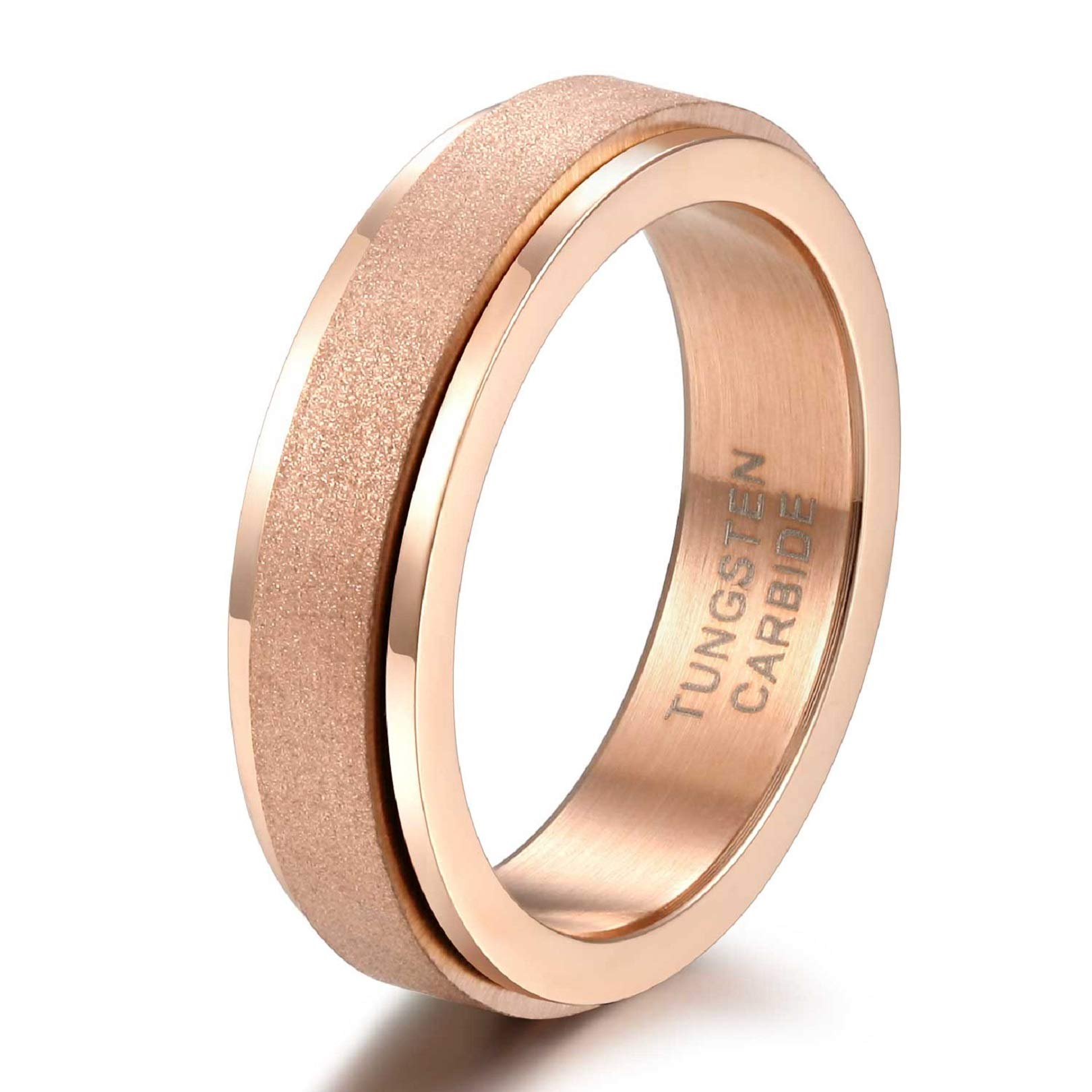 TRUMIUM 6mm Spinner Ring Women Rose Gold Tungsten Carbide and Stainless Steel Sandblasted Wedding Band Size 12