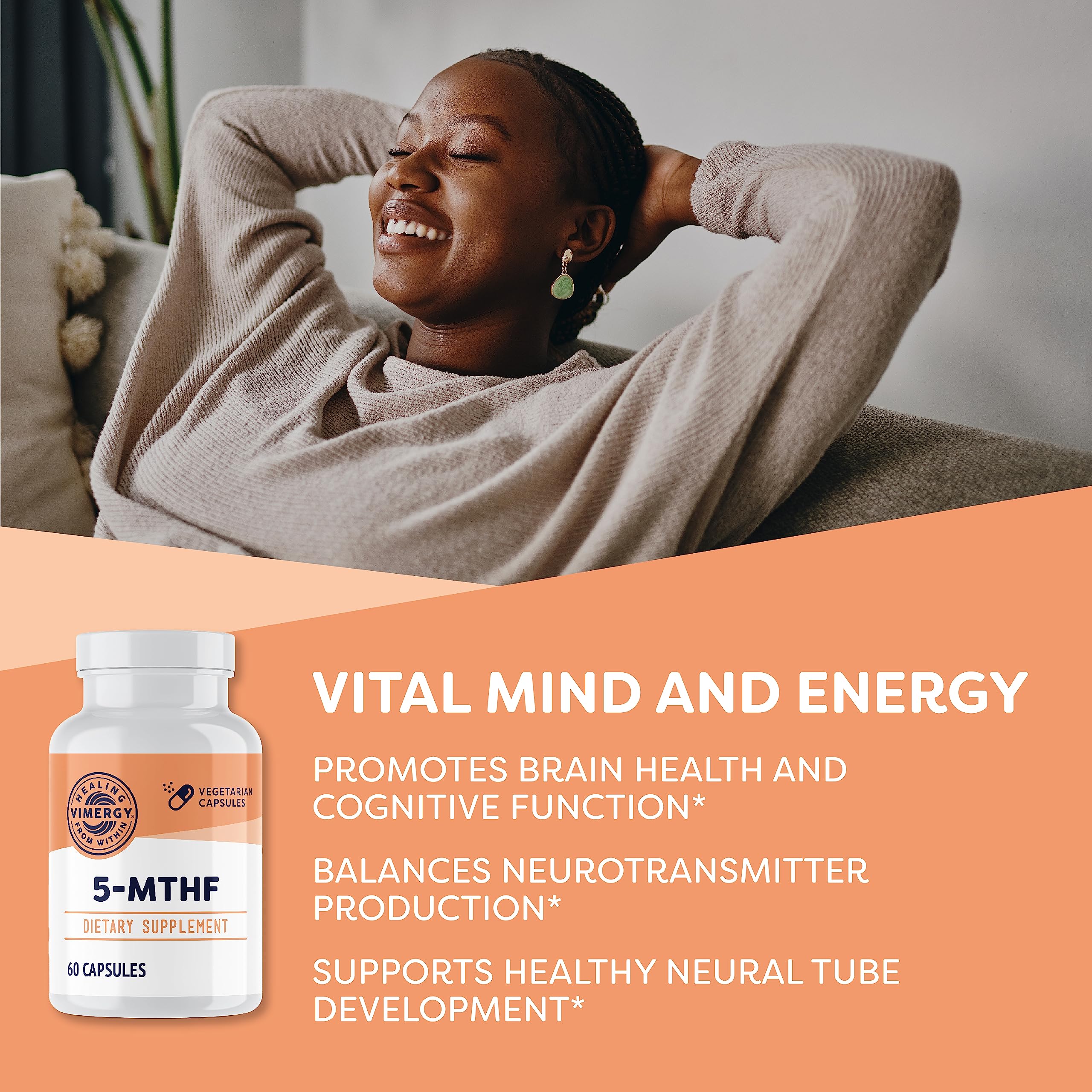 Vimergy 5-MTHF, 60 Servings – Highly Absorbable Capsules – Supports Brain Health & Cognitive Function – Healthy Mood Support Supplement* - Non-GMO, Gluten-Free, Vegan & Paleo Friendly (60 Count)