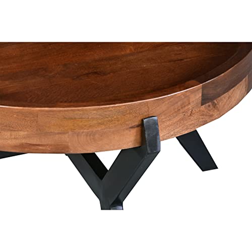 The Urban Port 30-Inch Industrial Round Acacia Wood Tray Coffee Table with Flared Metal Legs