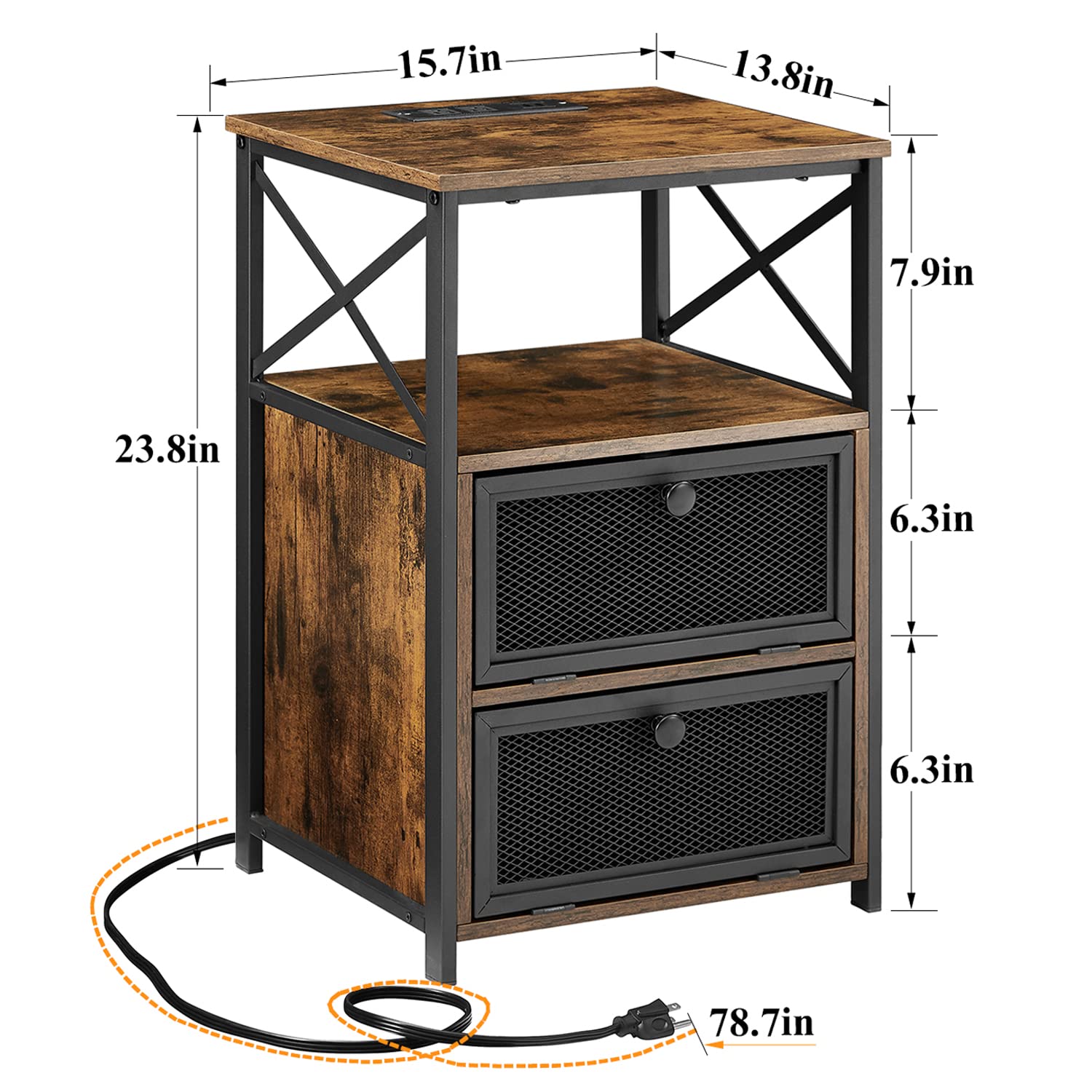VECELO 24" End Table with Charging Station, Flip Drawer Nightstand Set of 2 with USB Ports and Outlets for Bedroom,Living Room, Rustic Brown