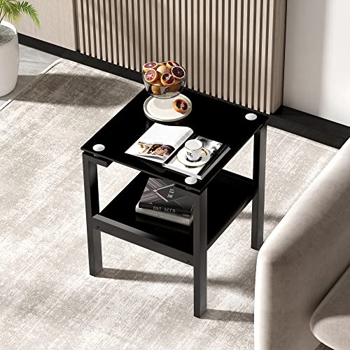 Tidyard Black Tempered Glass End Table with 2 Layer, Small Side Table Sofa End Side Table, Bedside Nightstand for Living Room Bedroom Kitchen Bathroom