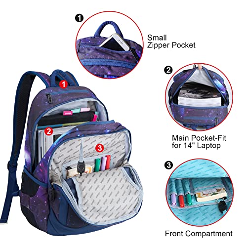 UNIKER Galaxy School Backpack,Schoolbag for Teens,Bookbag for Middle School,Daypack Preteen Laptop Backpack for 14 Inch Laptop (Purple)