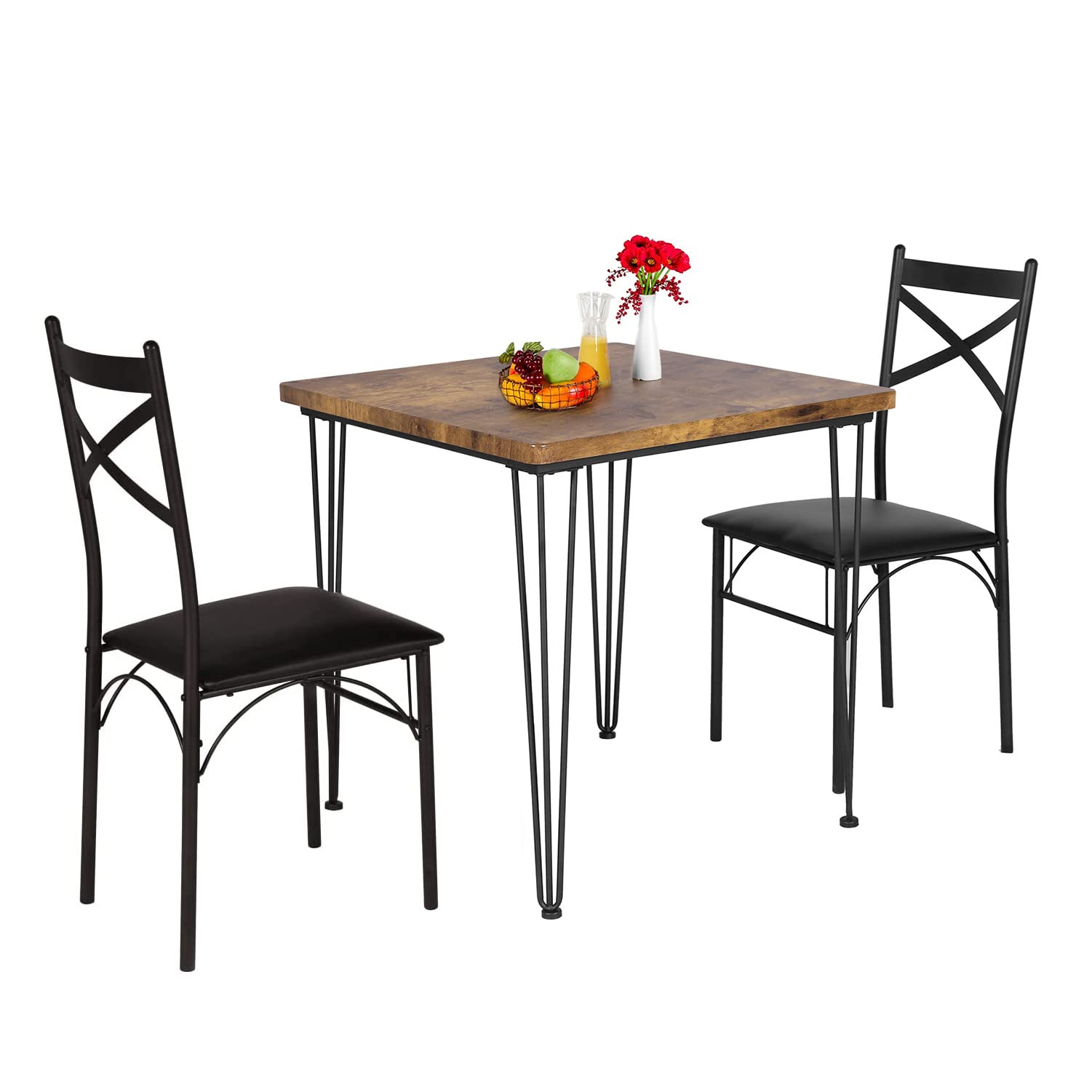 VECELO 3 Piece Kitchen Room Table and Chairs Dinette Breakfast Nook, Farmhouse, Small Space, Modern Industrial Style, Brown, Dining Set for 2, Rustic BRN