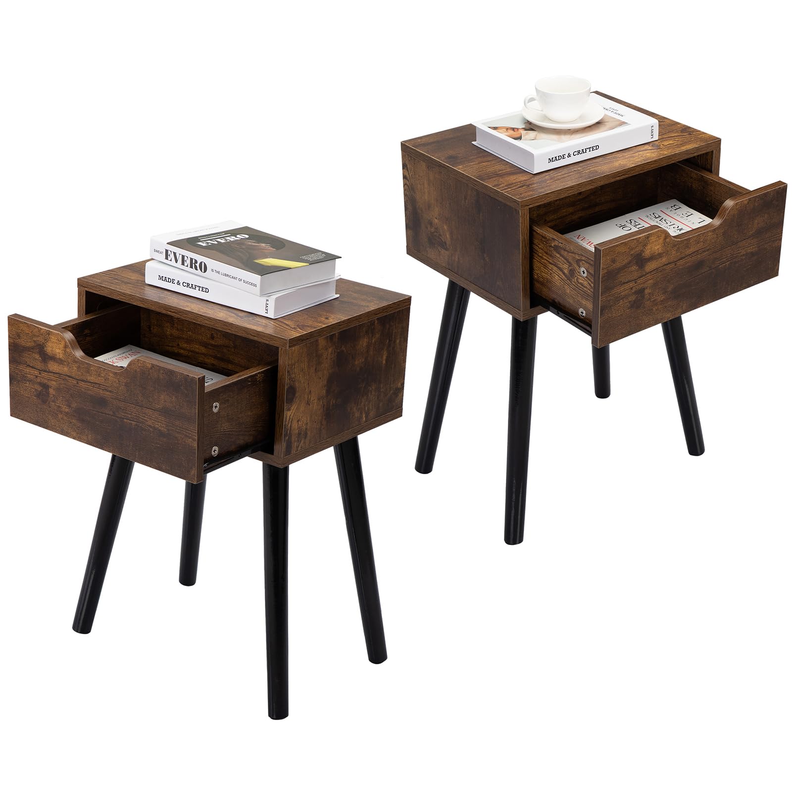 Tidyard Set of 2 Mid Century Wood Side Table, End Table with 1 Storage Drawer, Nightstand for Bedroom Living Room, Rustic Brown and Black