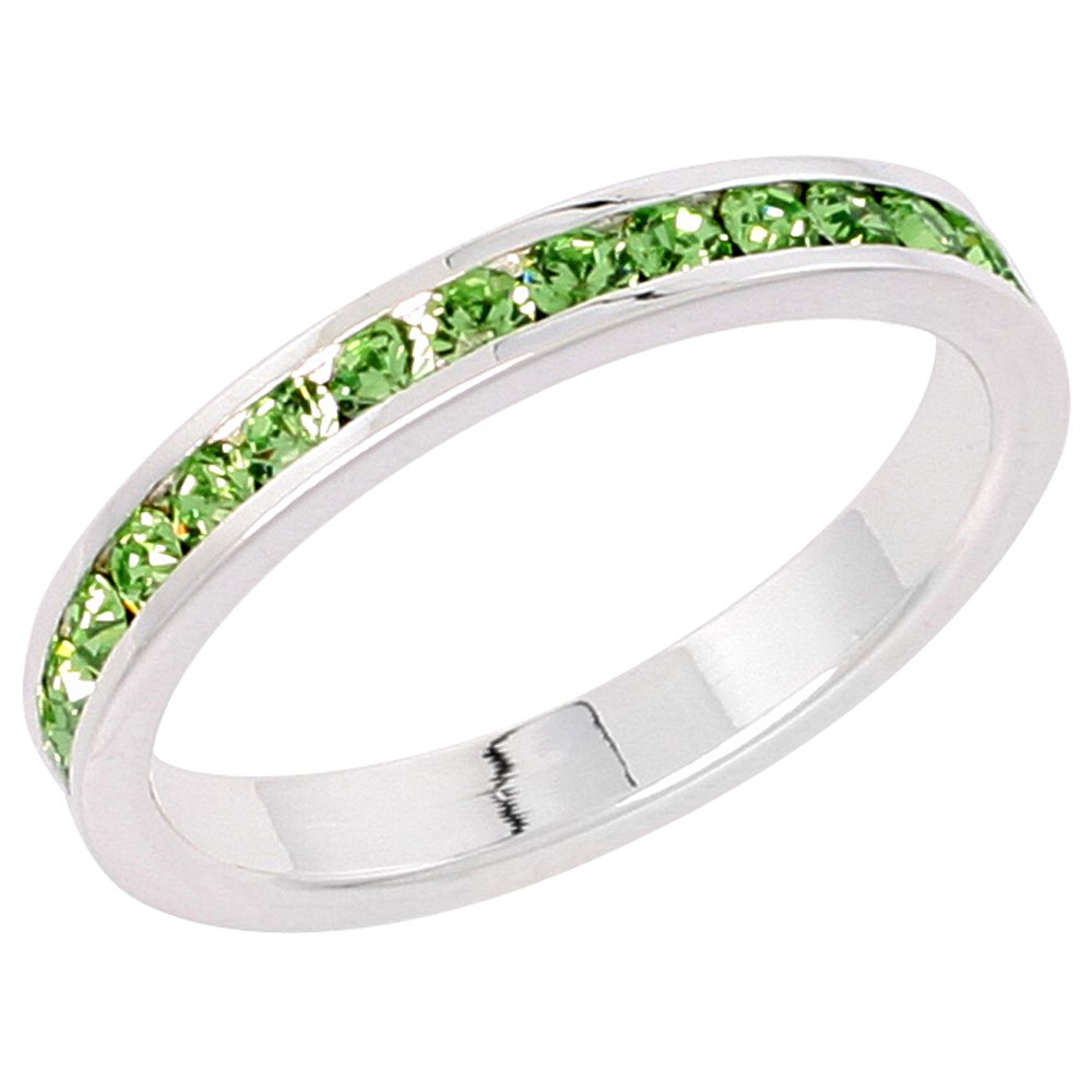 Sterling Silver Eternity Band, w/August Birthstone, Peridot Crystals, 1/8" (3mm) wide, size 5.5