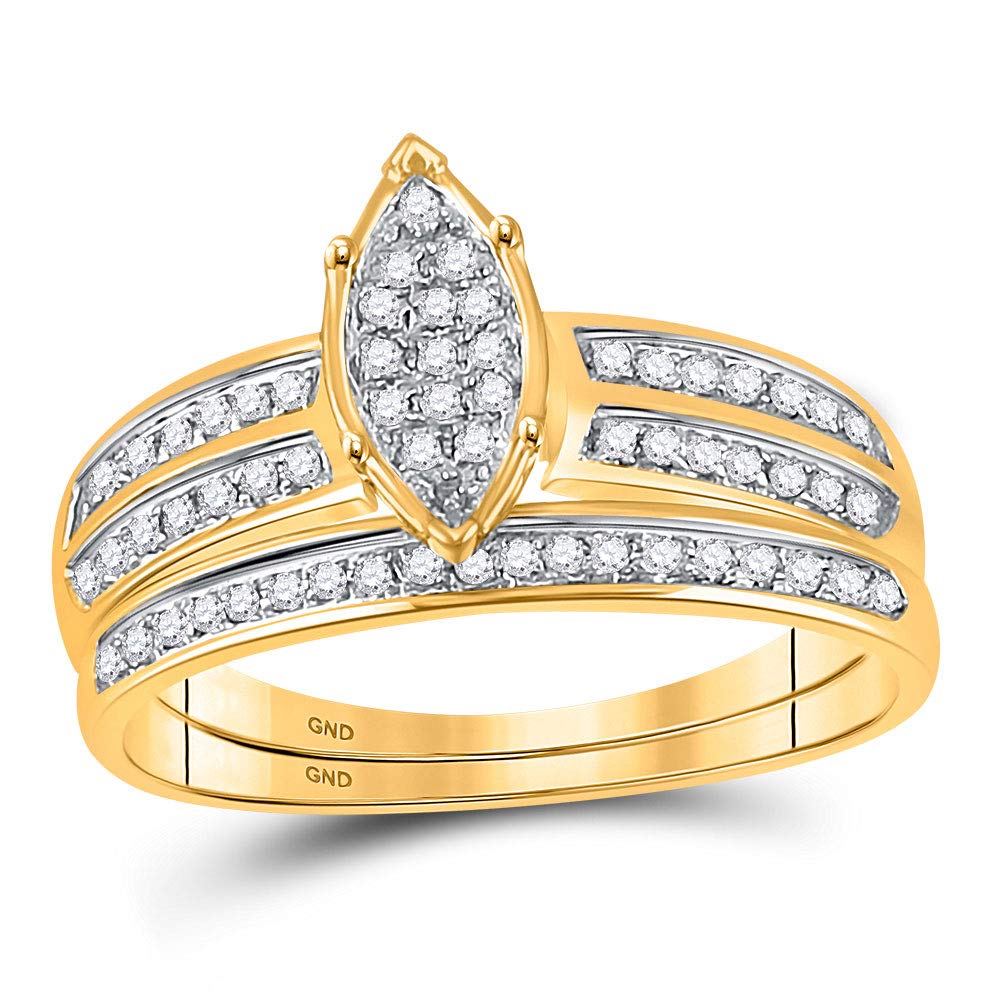 Sizes - L = 7, M = 9.5 - 10K Yellow Two Tone Gold Round Diamond Trio Three Ring Set - Matching His and Hers Engagement Ring & Wedding Bands - Micro Pave Marquise Center Setting Shape (.28 cttw.) - Please use drop down menu to select your desired ring size